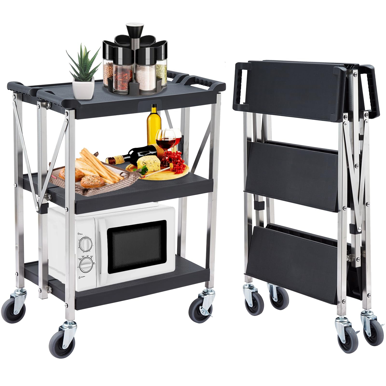 Portable Folding Service Cart - 3 Tier 330LBS Capacity - Rolling Cart Utility Cart Foldable Cart ...