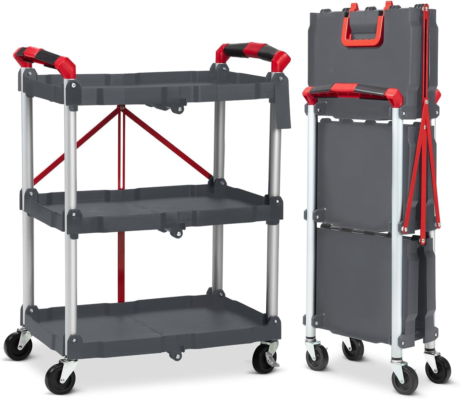 Portable Folding Service Cart, 3 Tier Folding Utility Cart, Collapsible ...