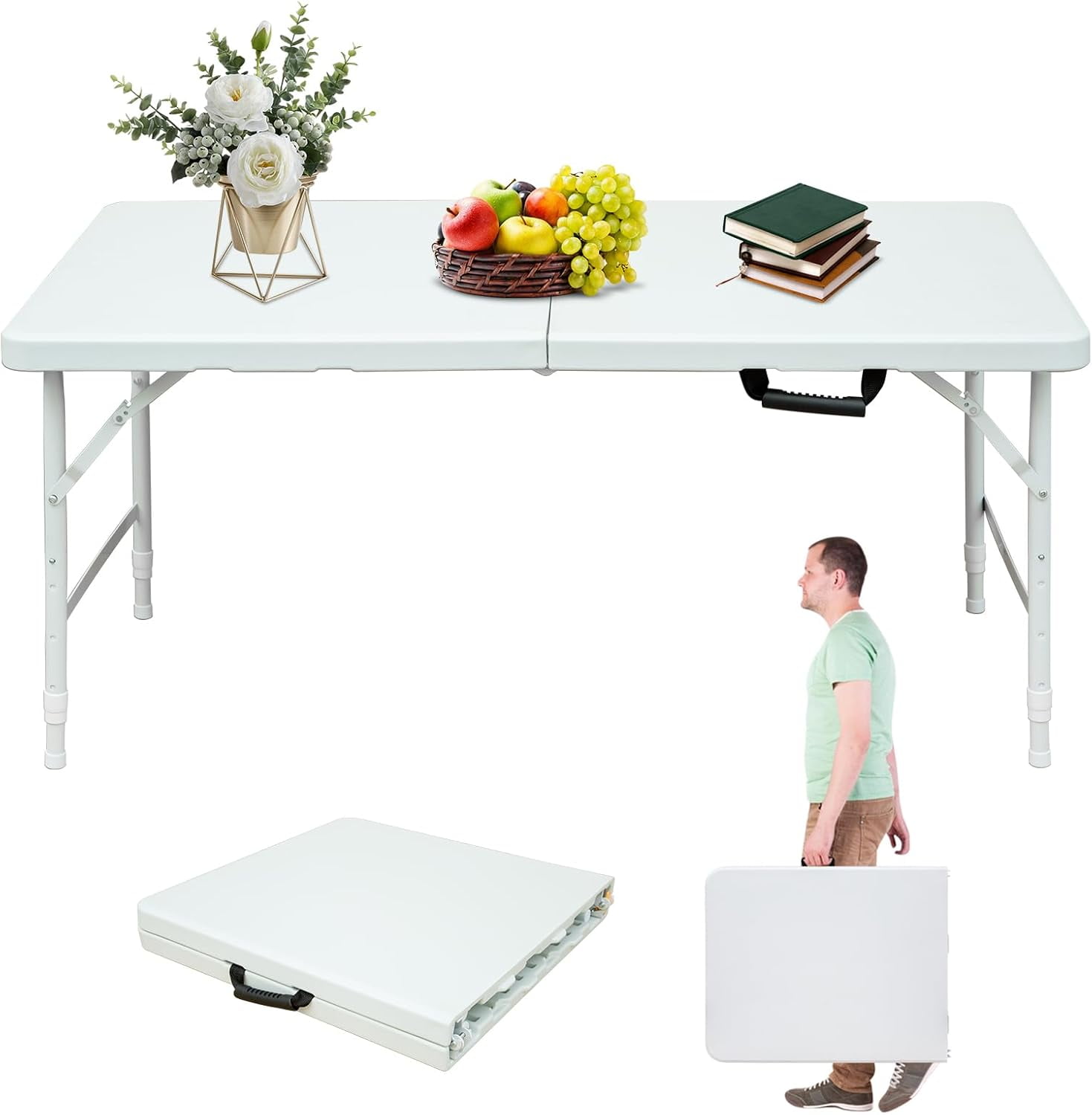 Portable Folding Table, Heavy Duty Plastic Fold-in-Half Utility Dining ...