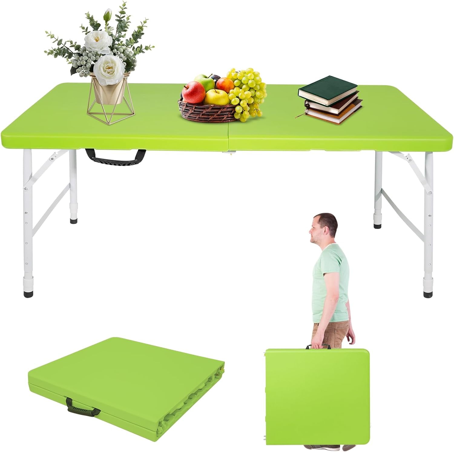 Portable Folding Table, Heavy Duty Plastic Fold-in-Half Utility ...