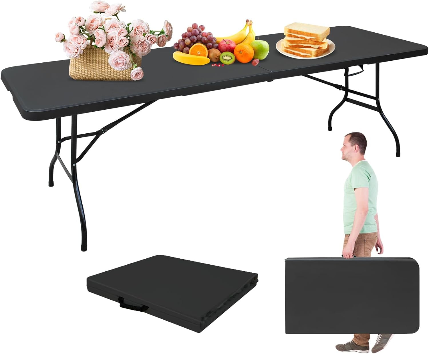 Portable Folding Table, Heavy Duty Plastic Fold-in-Half Utility ...
