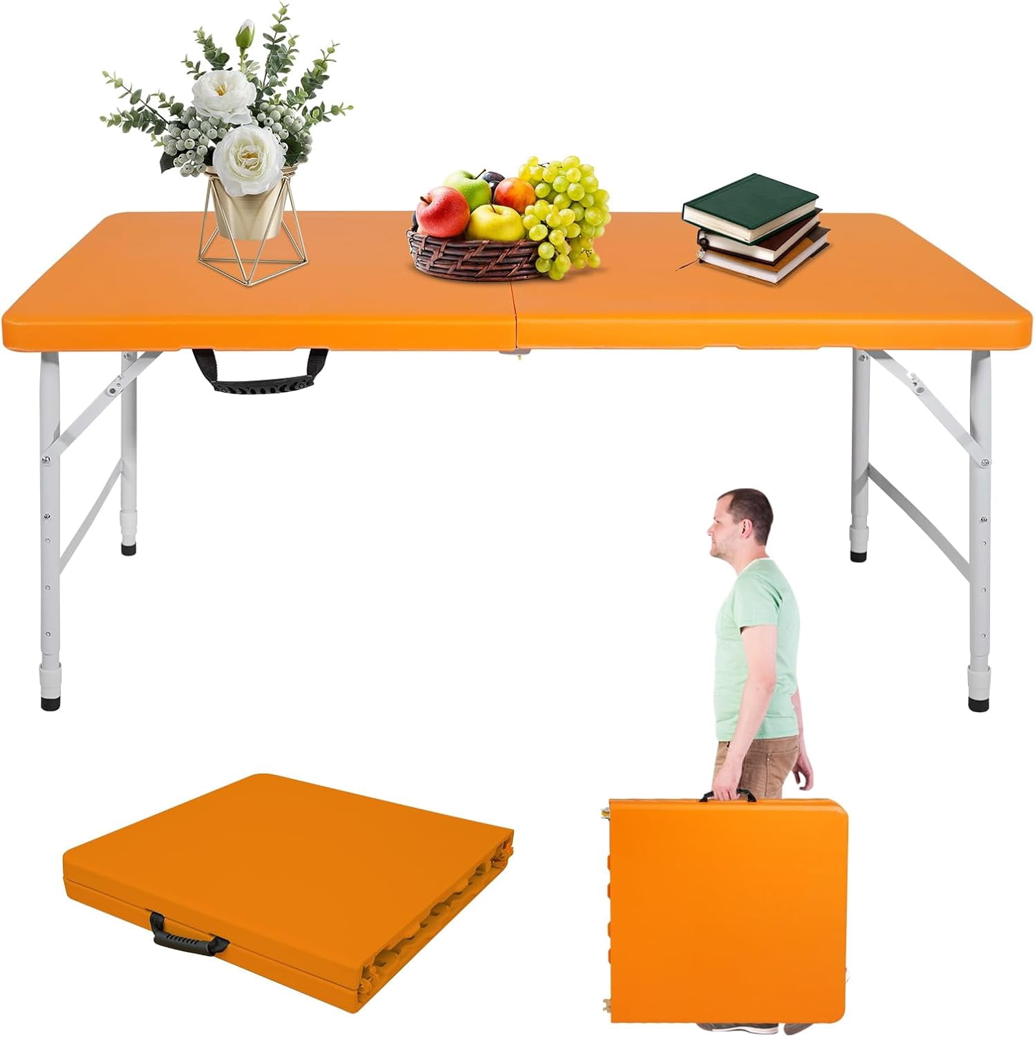 Portable Folding Table, Heavy Duty Plastic Fold-in-Half Utility Foldable Dining Table, Multi ...