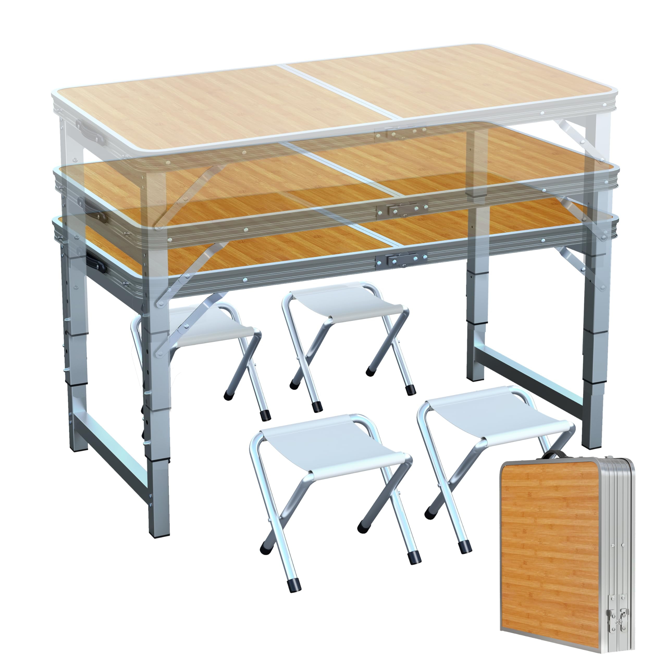 Portable Folding Table and 4 Chairs Set, 4ft Adjustable Height Camping ...