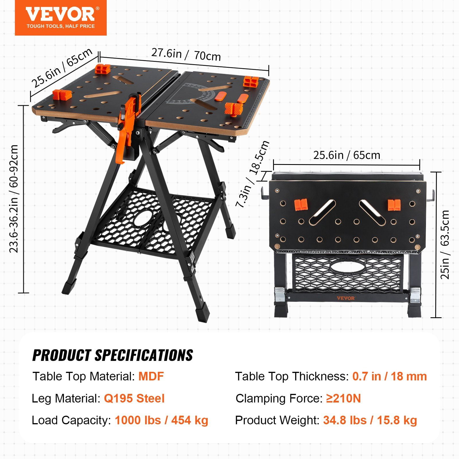 Portable Folding Work Table, 2-in-1 Sawhorse & Bench, 1000lbs Capacity ...