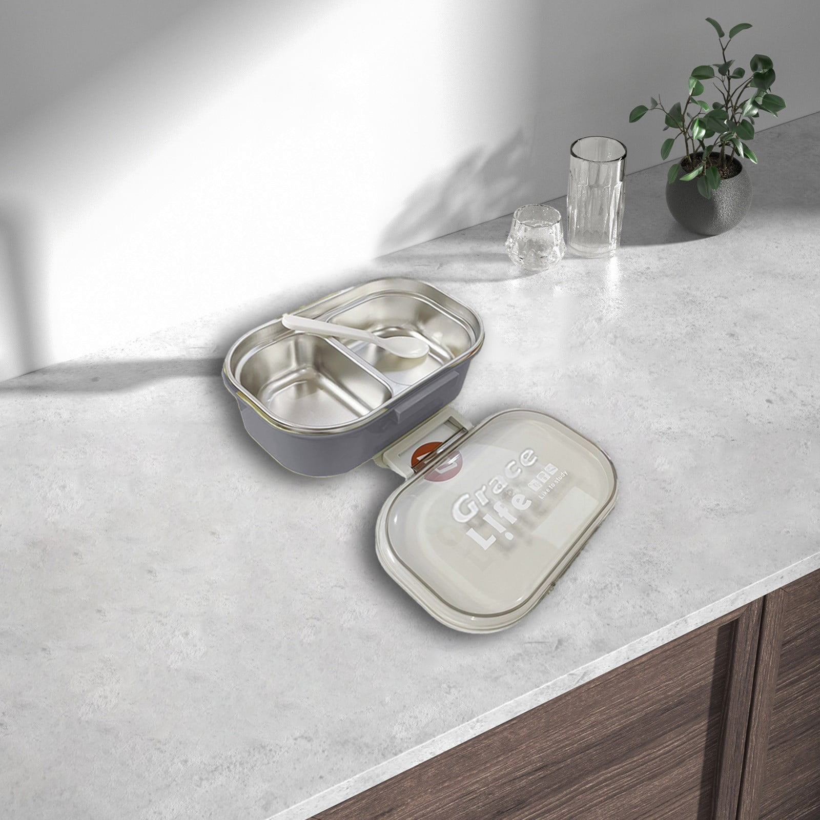 Portable Food Container, 2-Compartment Bento Box, Leakproof Plastic ...