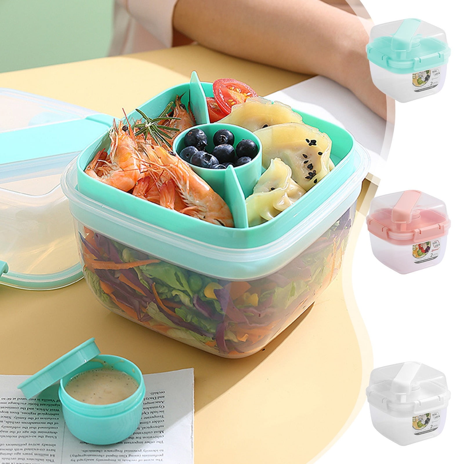 Portable Fruit Salad Box, Double Layered Food Container, Leakproof ...