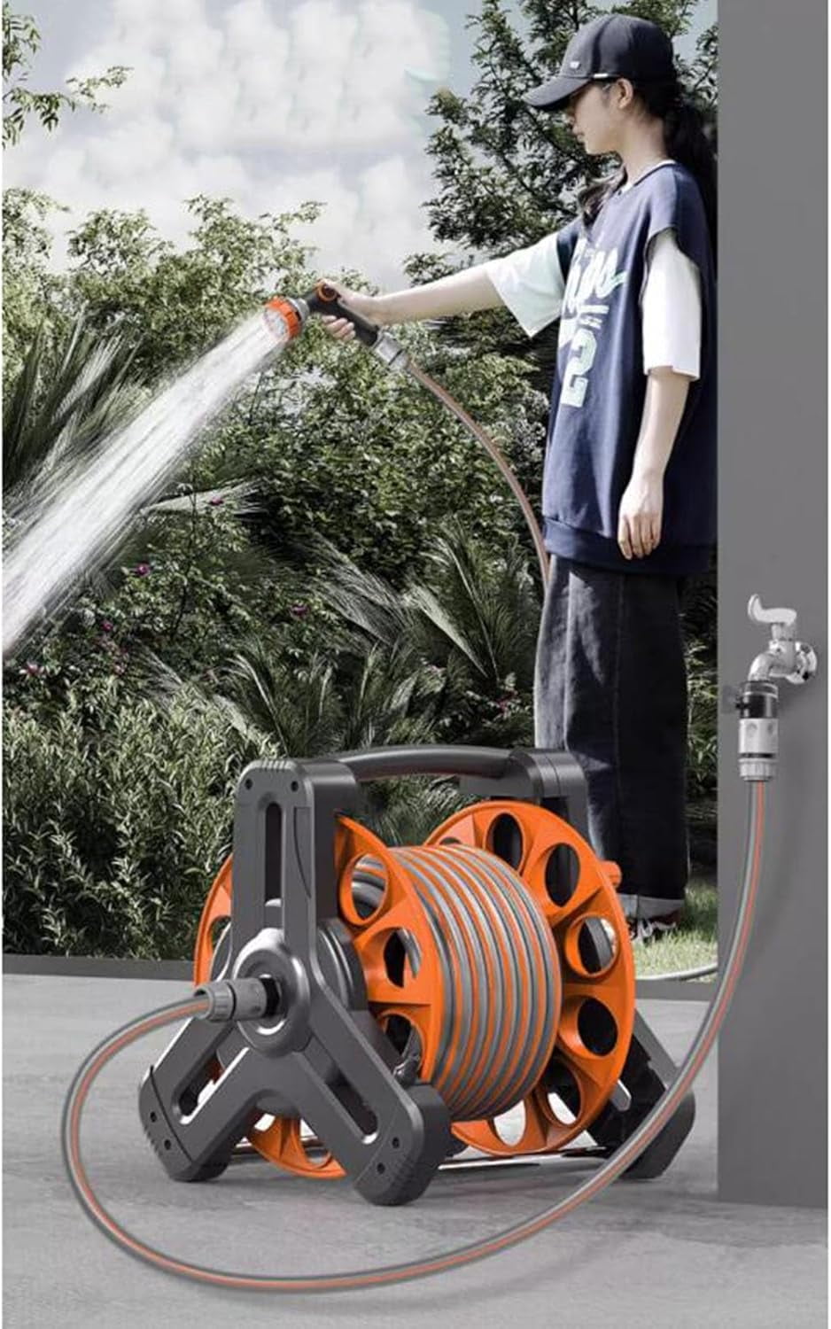Portable Garden Hose Reel Cart with Water Gun, Stainless Steel Hose ...