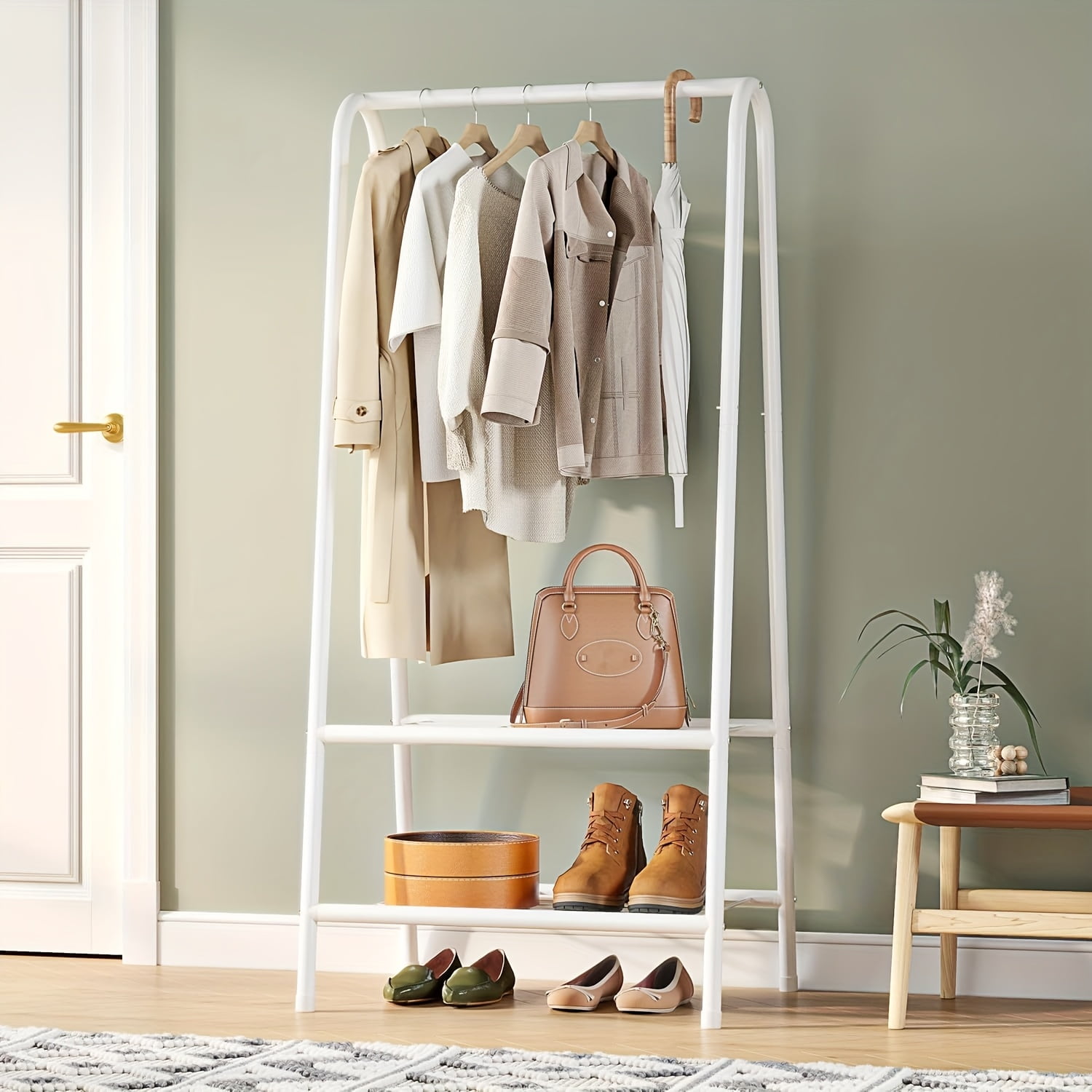 Portable Garment Rack, Sturdy Clothing Rack with Double Layer Shelf for ...