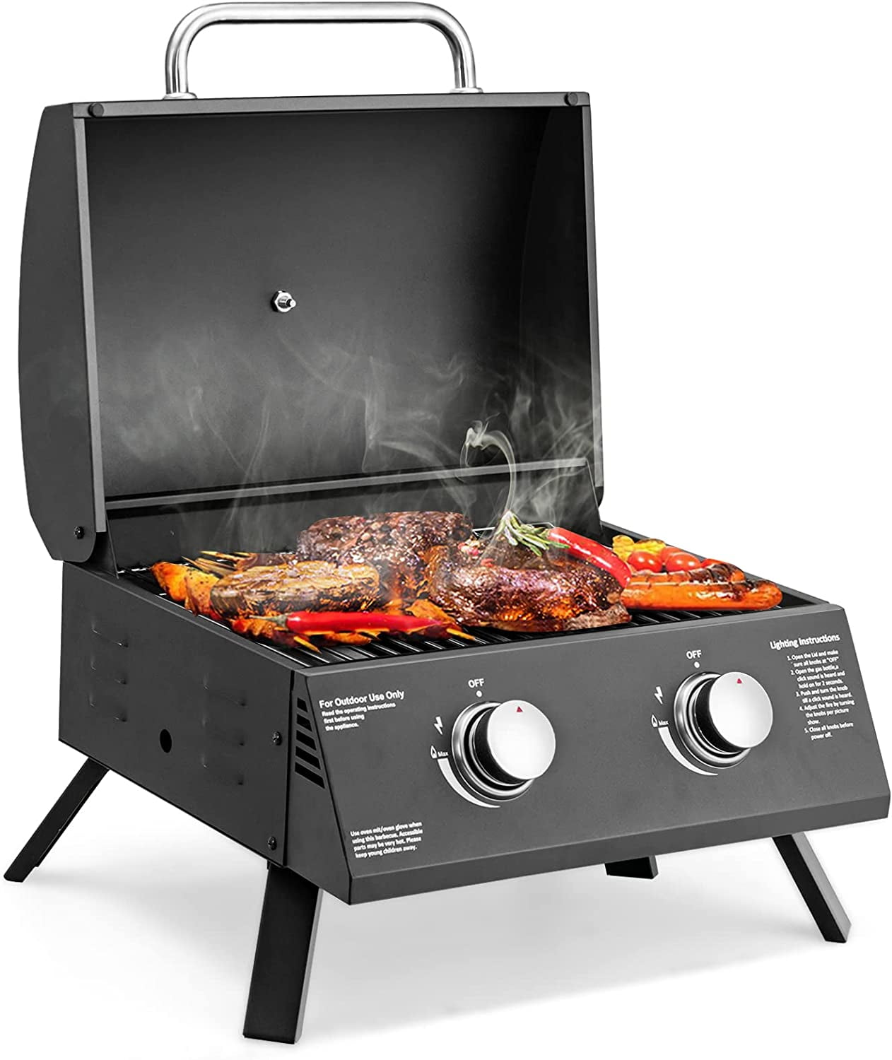 Portable Gas Grill, 20,000 BTU Tabletop Barbecue Grill with 2 Burners ...