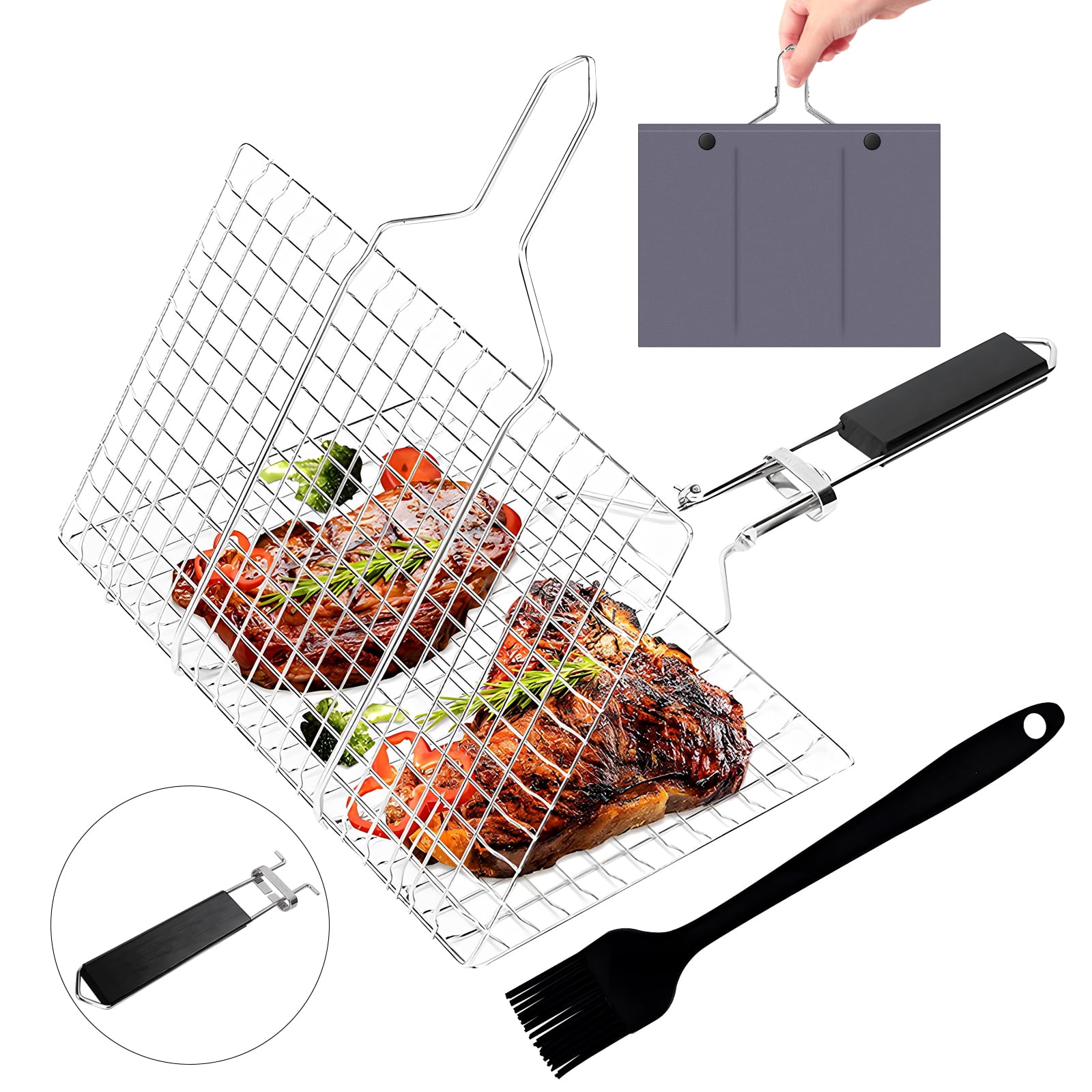 Portable BBQ Basket with Removable Handle, Stainless Steel Grilling ...