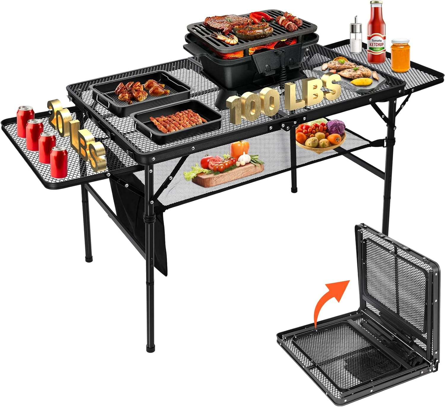 Portable Grill Table with 2 Wing Panels, Height Adjustable Folding ...