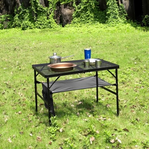 Portable Grill Table, Camping Table with Mesh Desktop, Lightweight ...