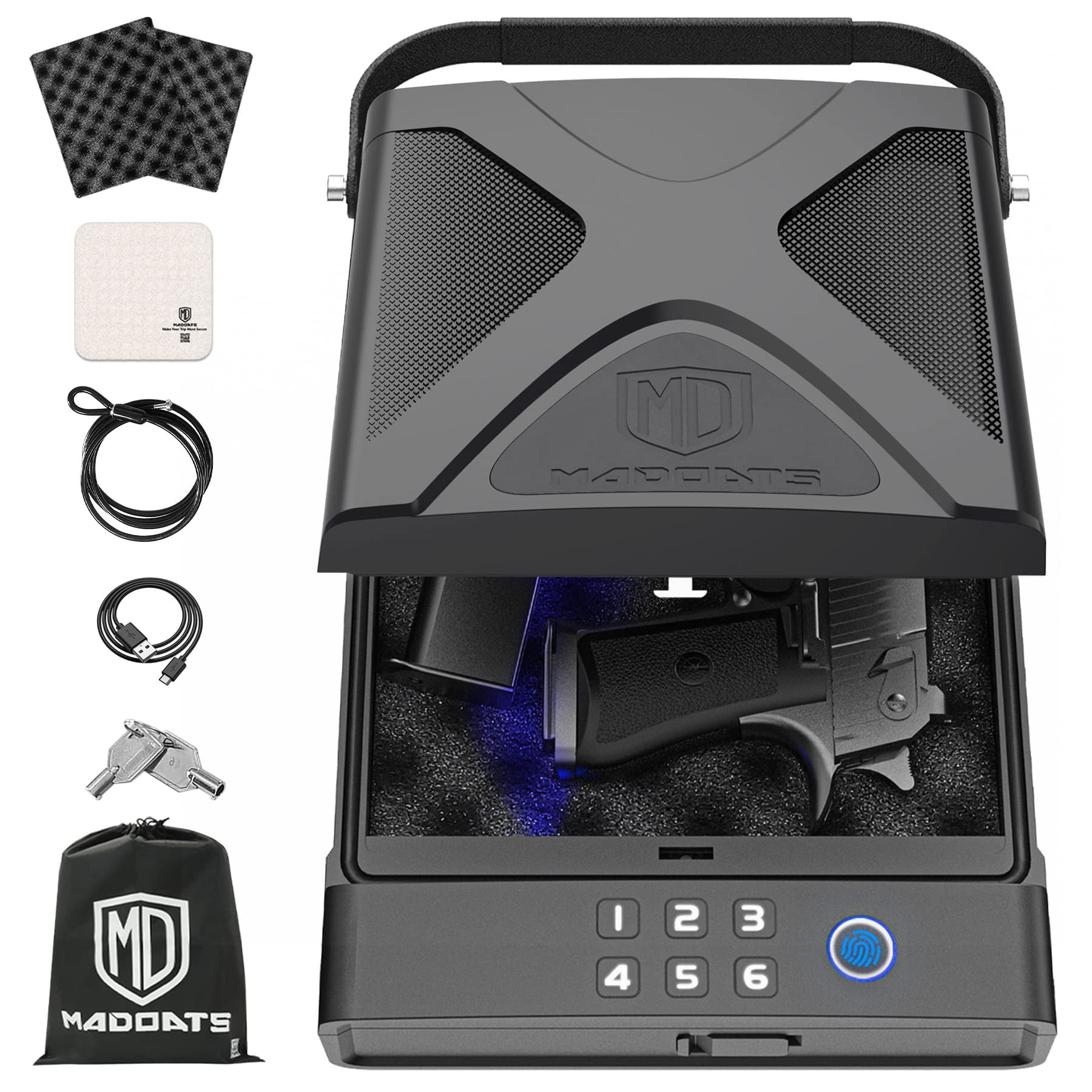 Portable Gun Safe with Steel Cable, Biometric Car Safes for Pistols ...