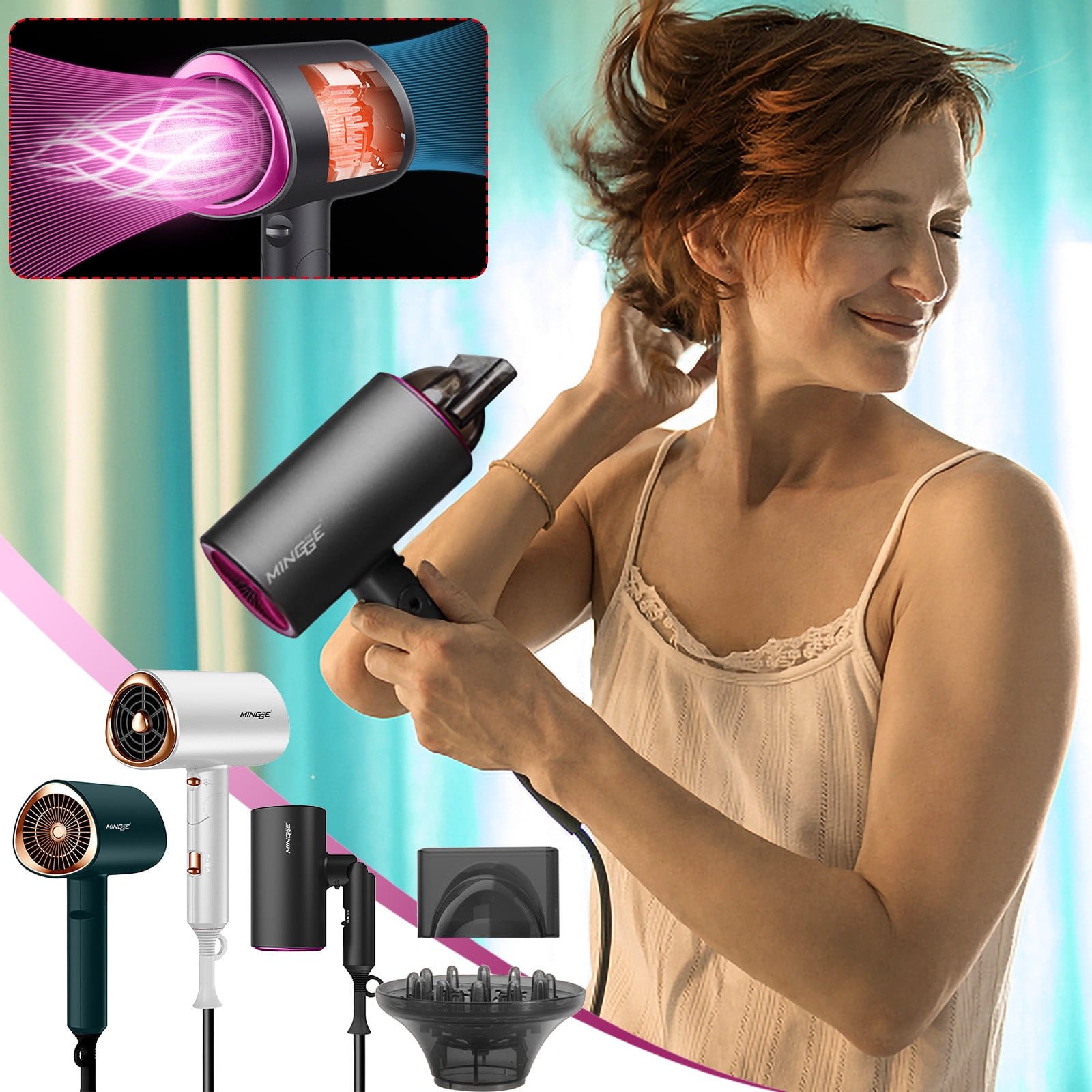Portable Hair Dryer with Diffuser, Ionic Hair Dryer for Women, Styling ...