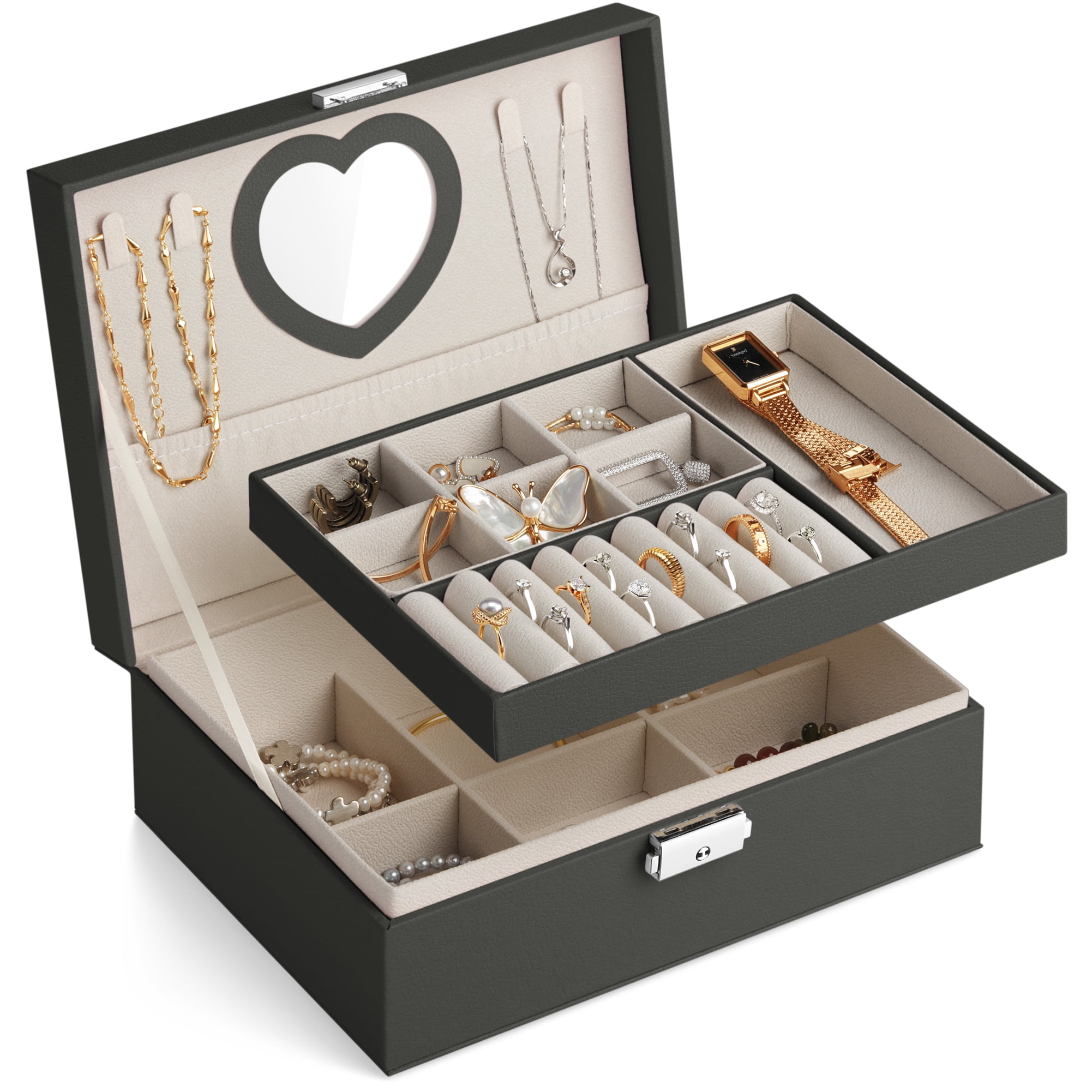 Portable Jewelry Box with Mirror for Women Girls Double Layer Display ...