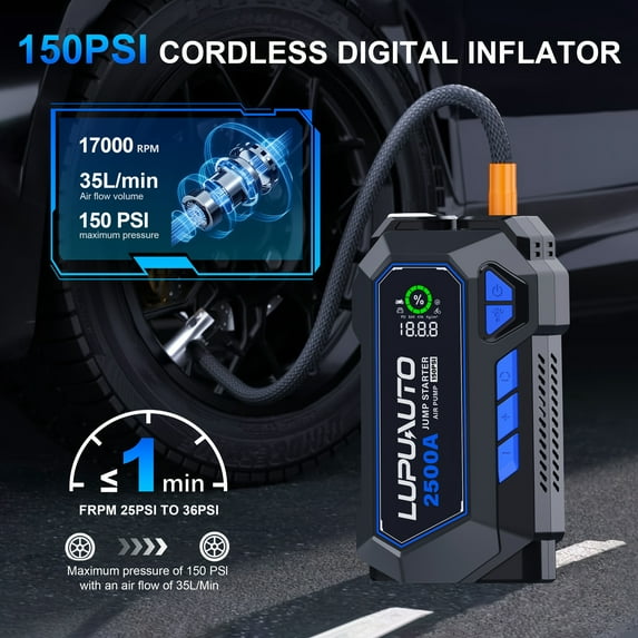 Portable Jump Starter with 150PSI Cordless Dual-Cylinder Inflator - 2X ...