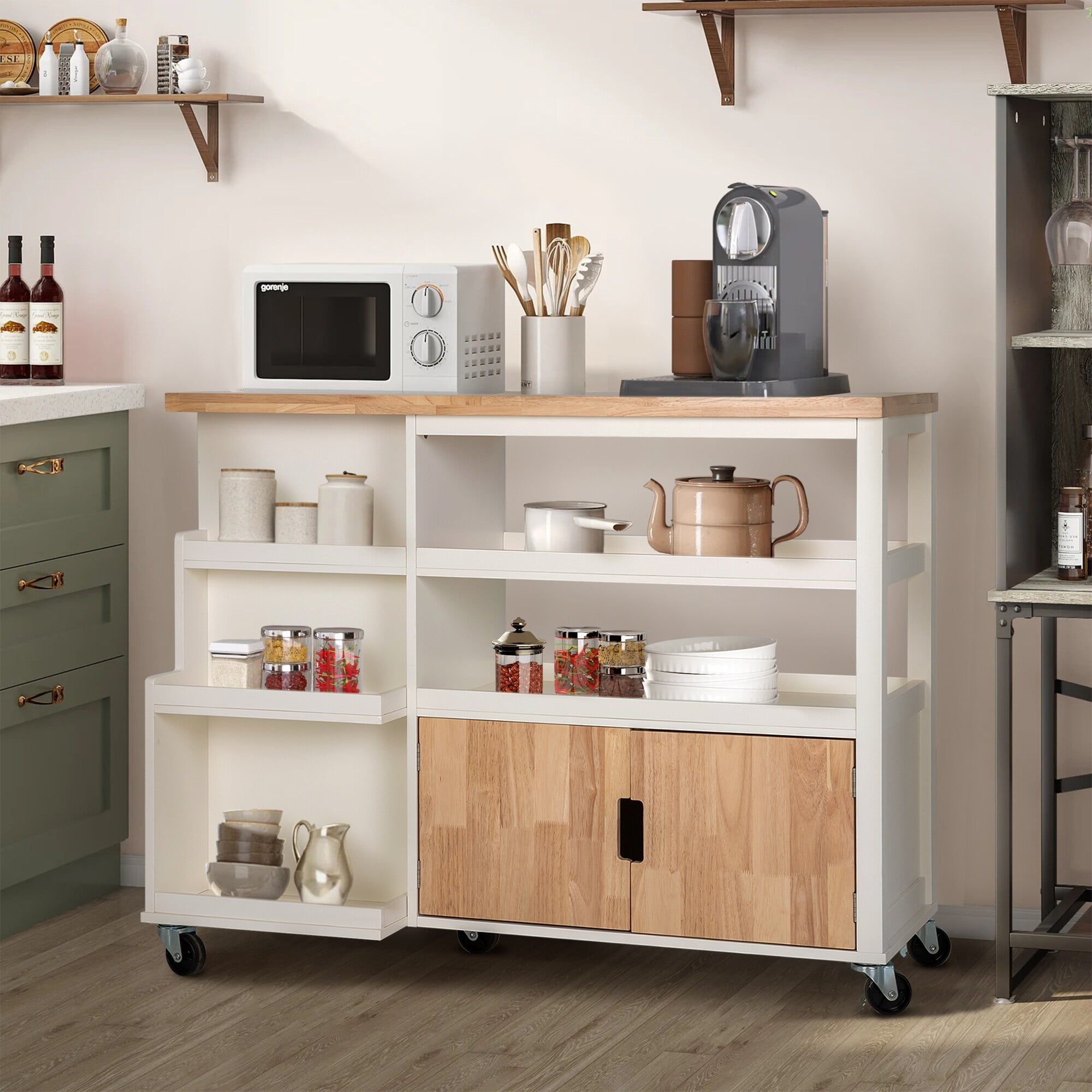 Portable Kitchen Cart Wood Top Kitchen Trolley with Drawers White ...