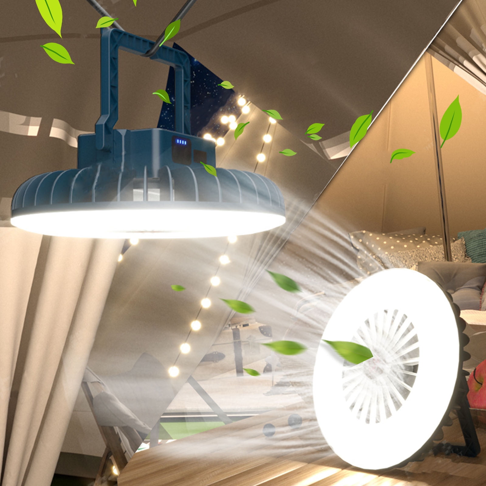 Portable LED Camping Fan with USB Type C Charging 2400mAh Rechargeable ...