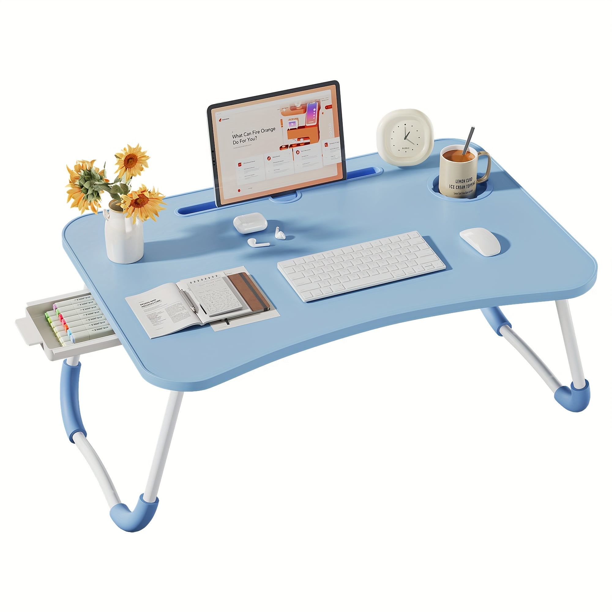 Portable Lap Desk with Cup Holder & Drawer - Foldable Hardwood Laptop ...