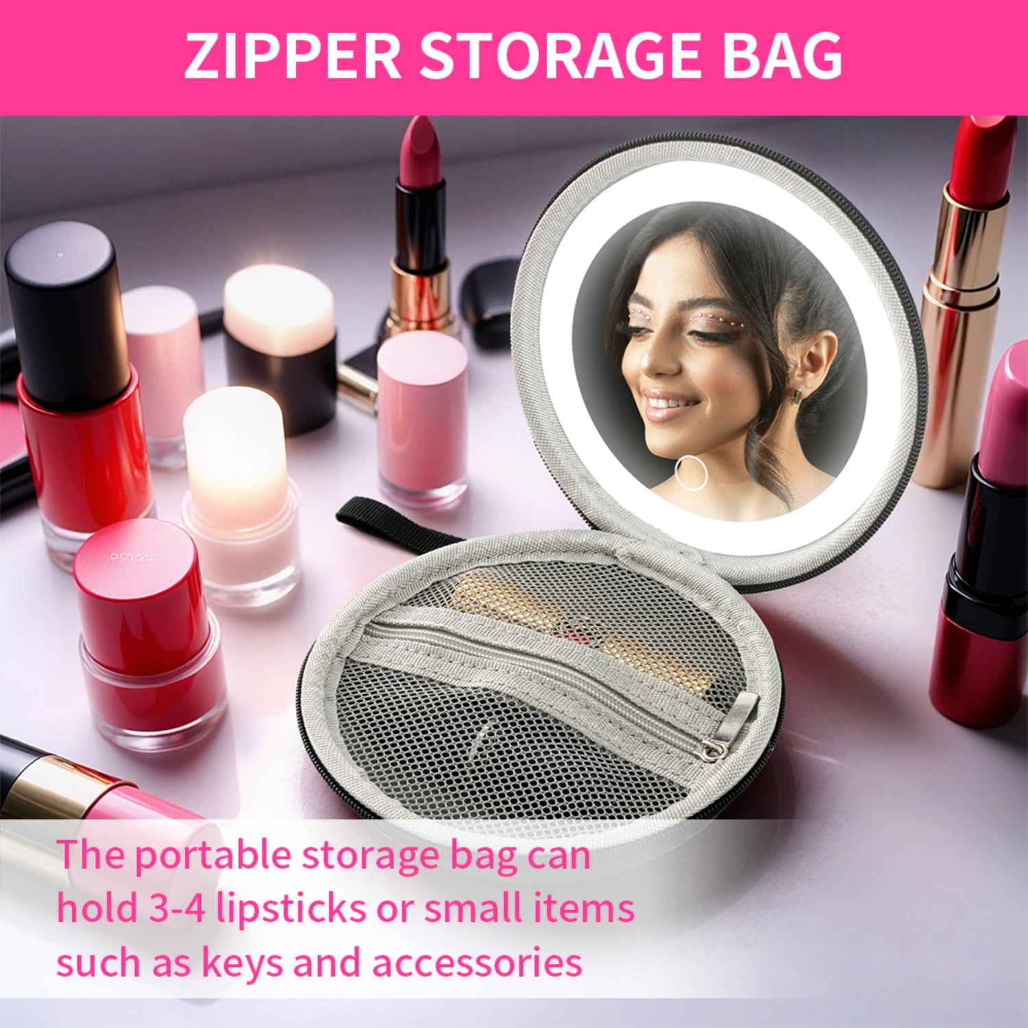 Portable Leather Makeup Mirror - Touch Dimming Built-In Lipstick ...