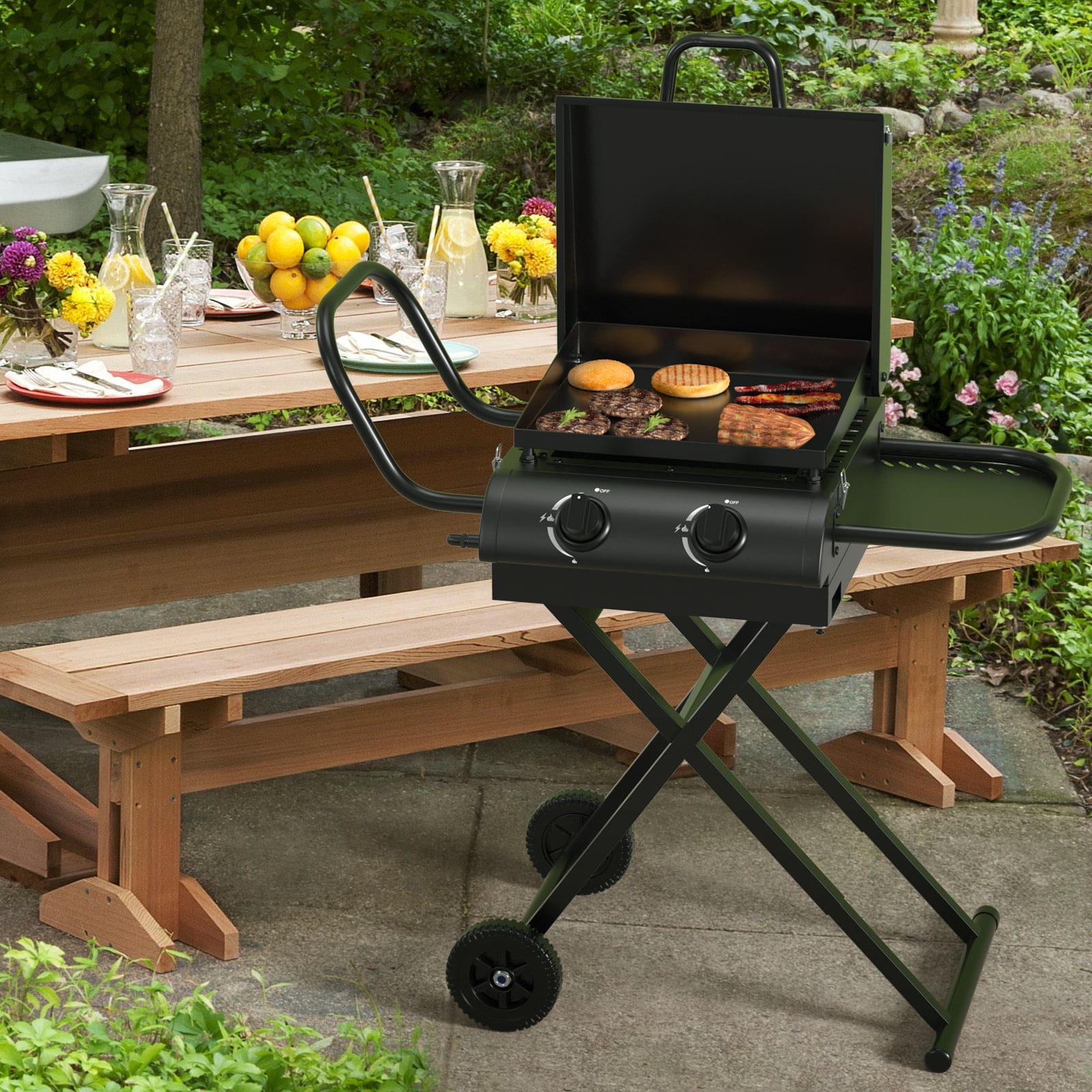 Portable Leg Propane Grill Folding Gas Grill Griddle w/Hood & Side ...