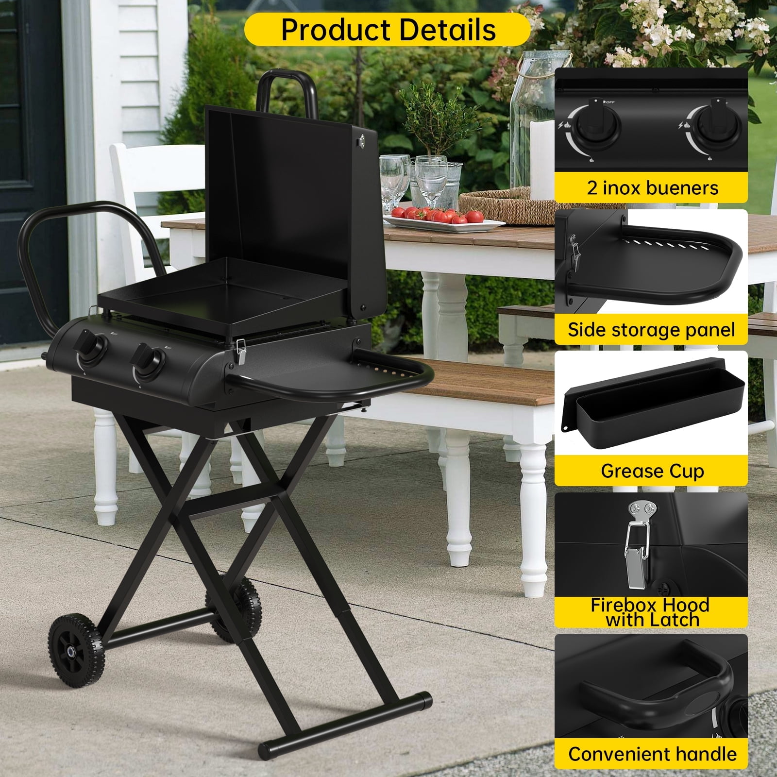 Portable Leg Propane Grill Folding Gas Grill Griddle w/Hood & Side ...