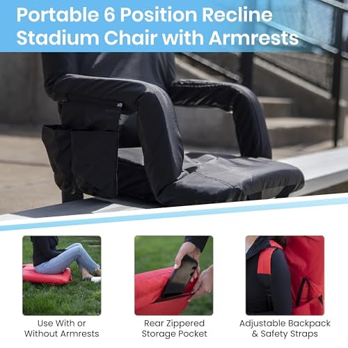 Portable Lightweight Reclining Stadium Chair-Black Padded Armrests ...