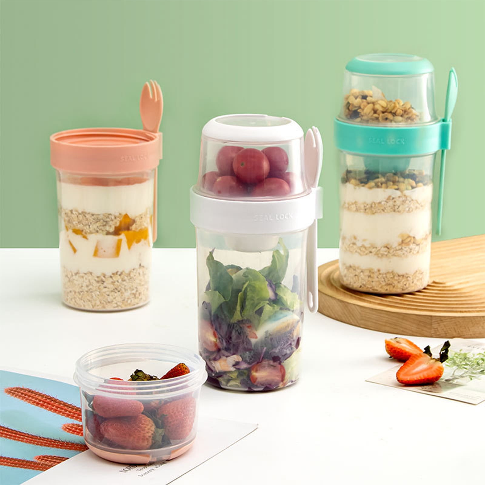 Portable Lunch Container Double Layer Plastic Meal Cup with Fork, 310ml and 760ml Capacity ...