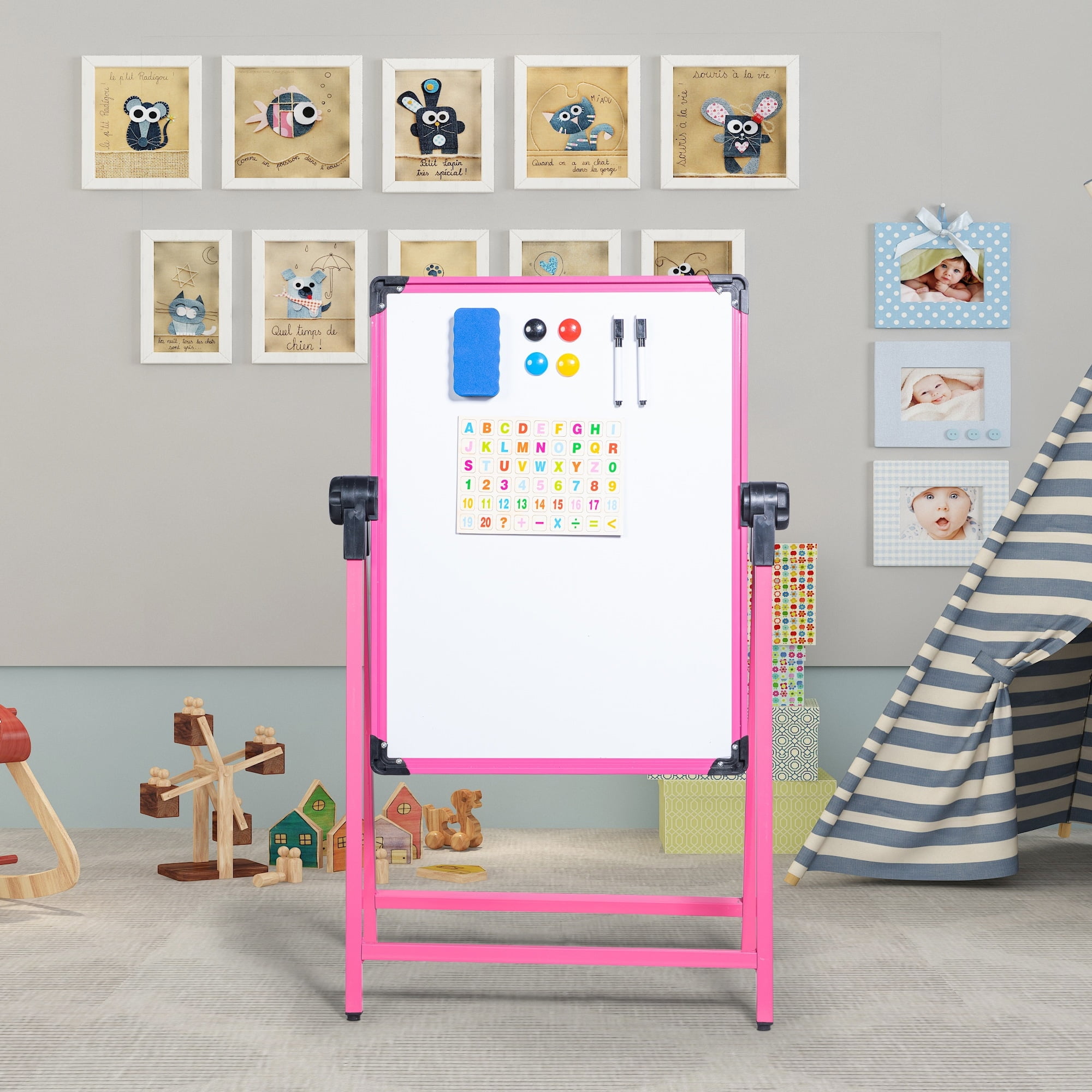 Portable Magnetic Whiteboard Dry Erase Sided Mark Board with Stand Pink ...