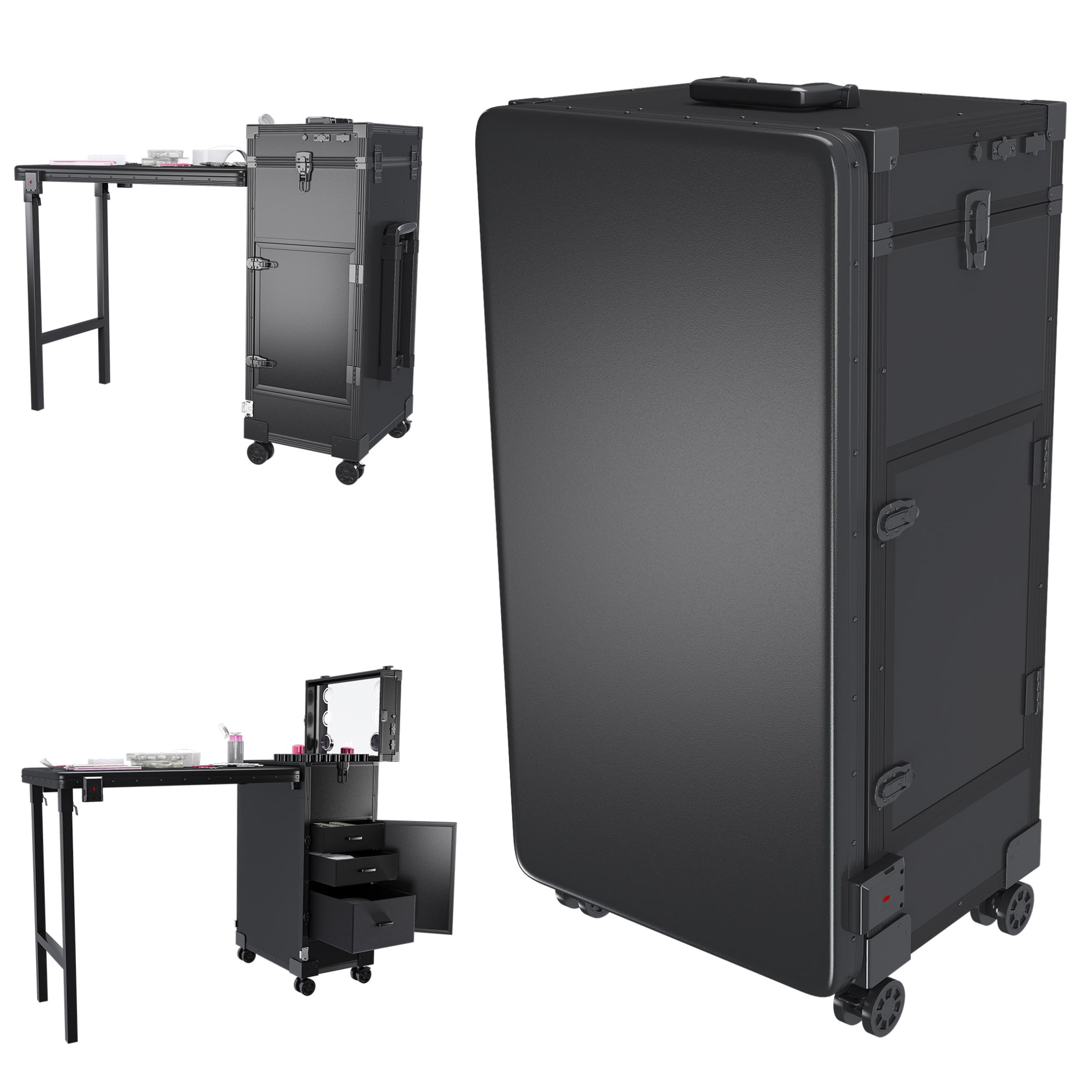 Portable Manicure Table with LED Mirror, Bluetooth & USB Port, Rolling ...