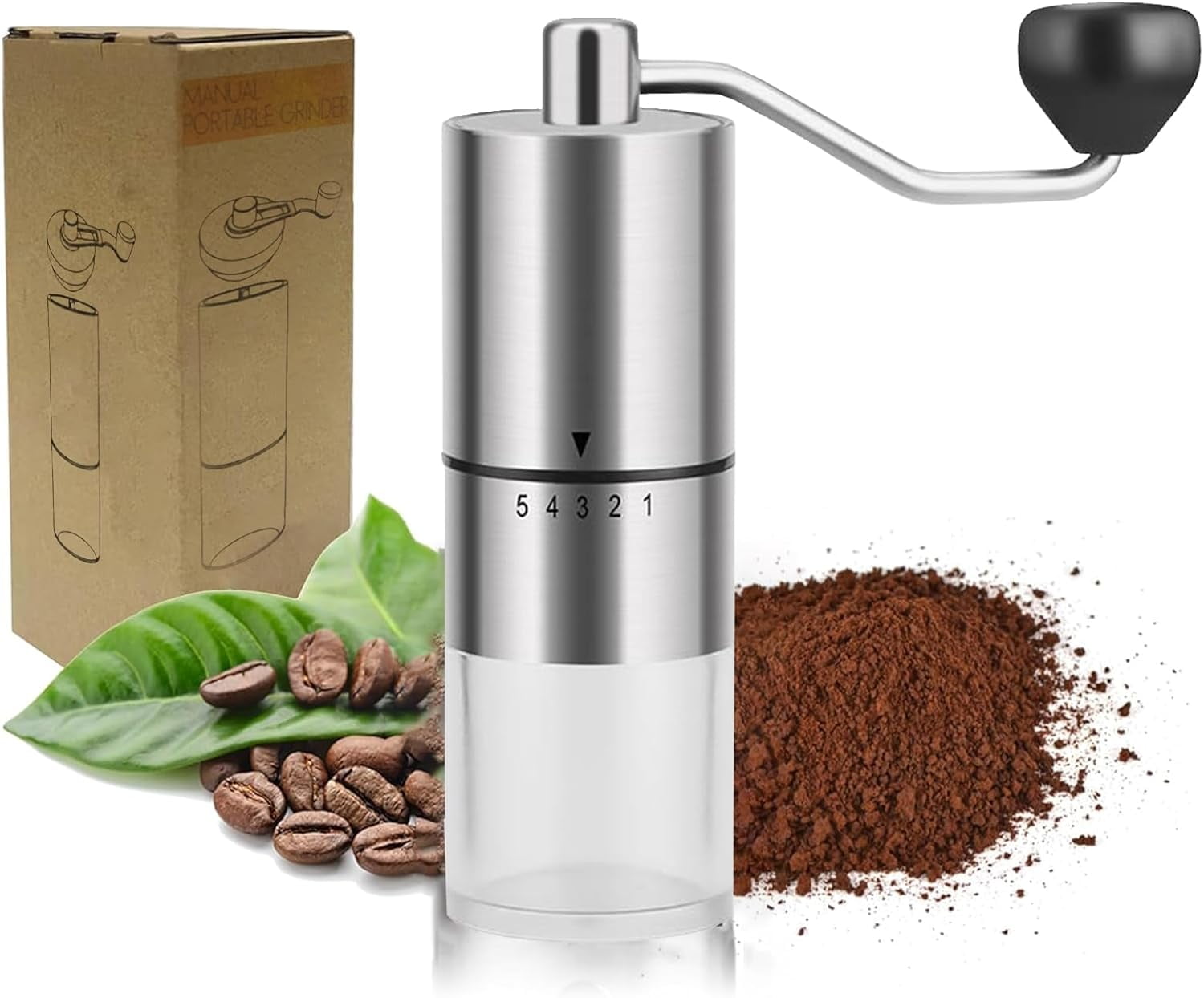 Portable Manual Coffee Grinder, Stainless Steel Burr Grinder with 5 ...