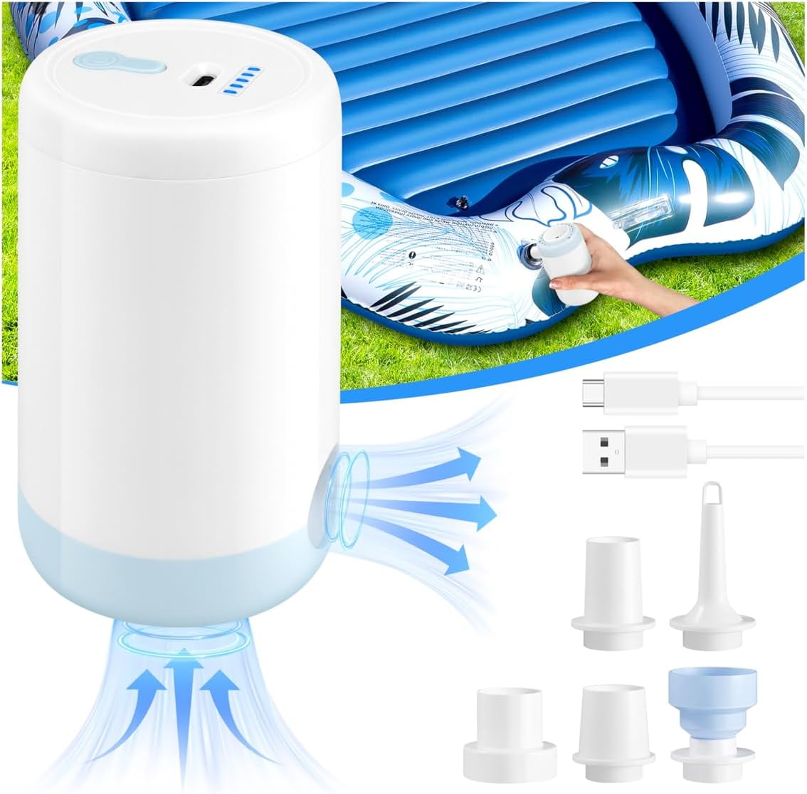 Portable Mini Air Pump for Inflatables, 2000mAh USB-C Rechargeable ...