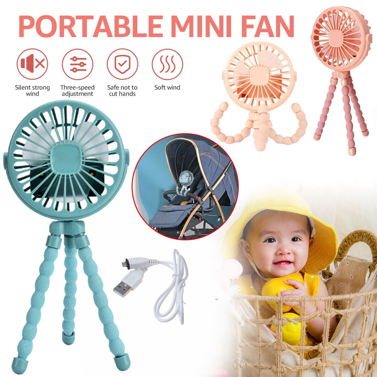 Portable Mini Baby Stroller Fan, Rechargeable Personal Desk Fan with ...