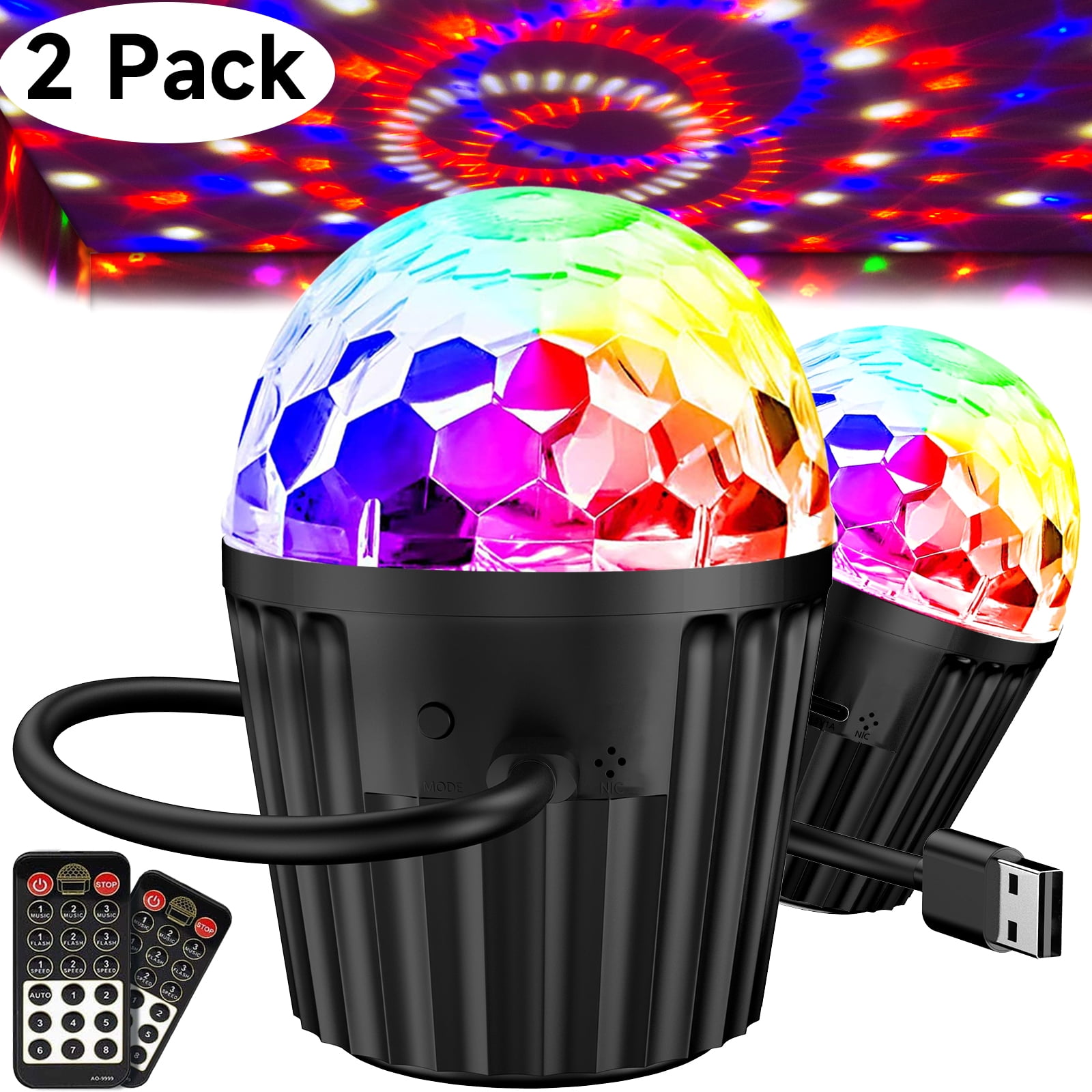2 Pack Portable Mini Disco Ball Light - RGB DJ Strobe Light with Remote ...