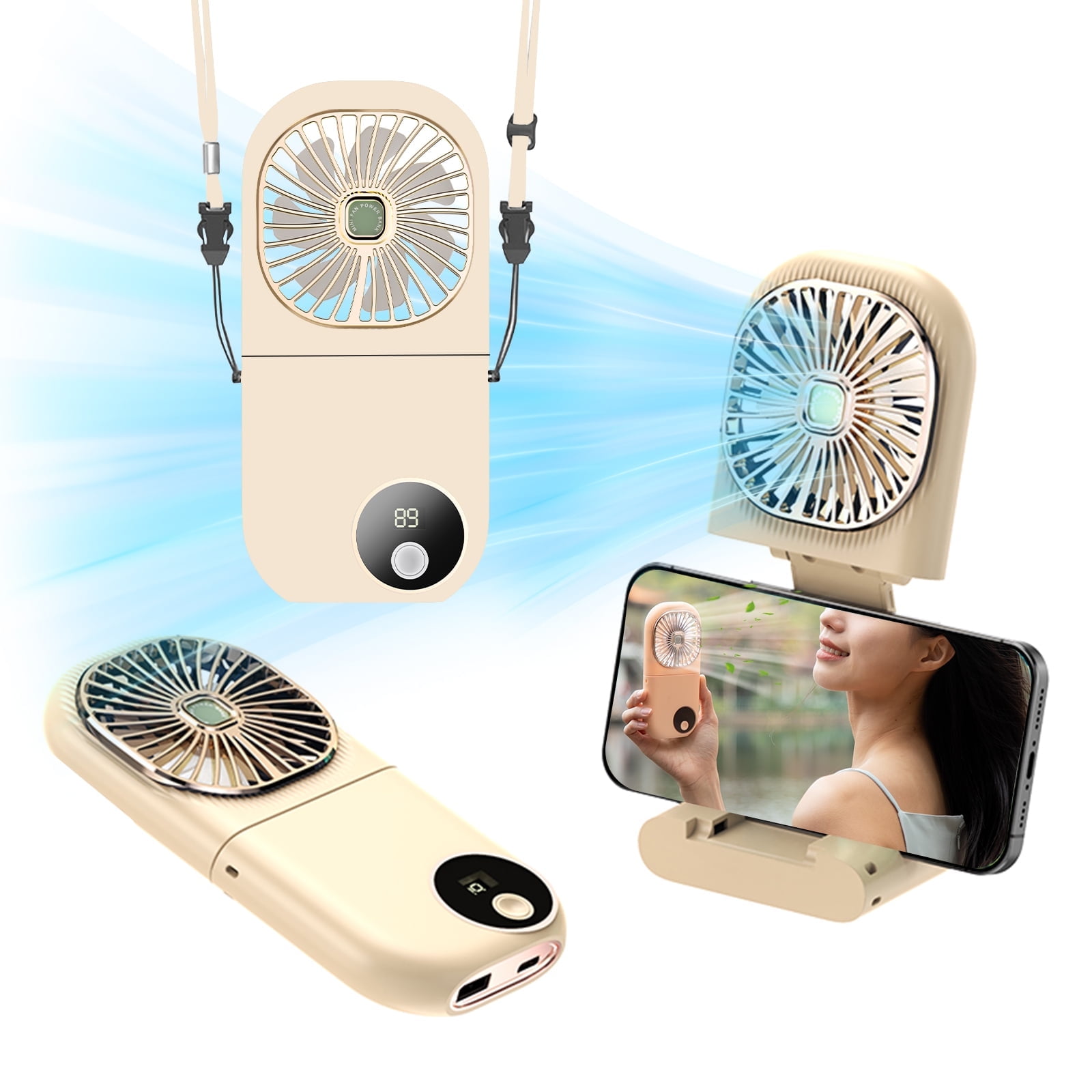 Portable Mini Fan with Lanyard, 180° Foldable 3 in 1 Handheld Fans with ...