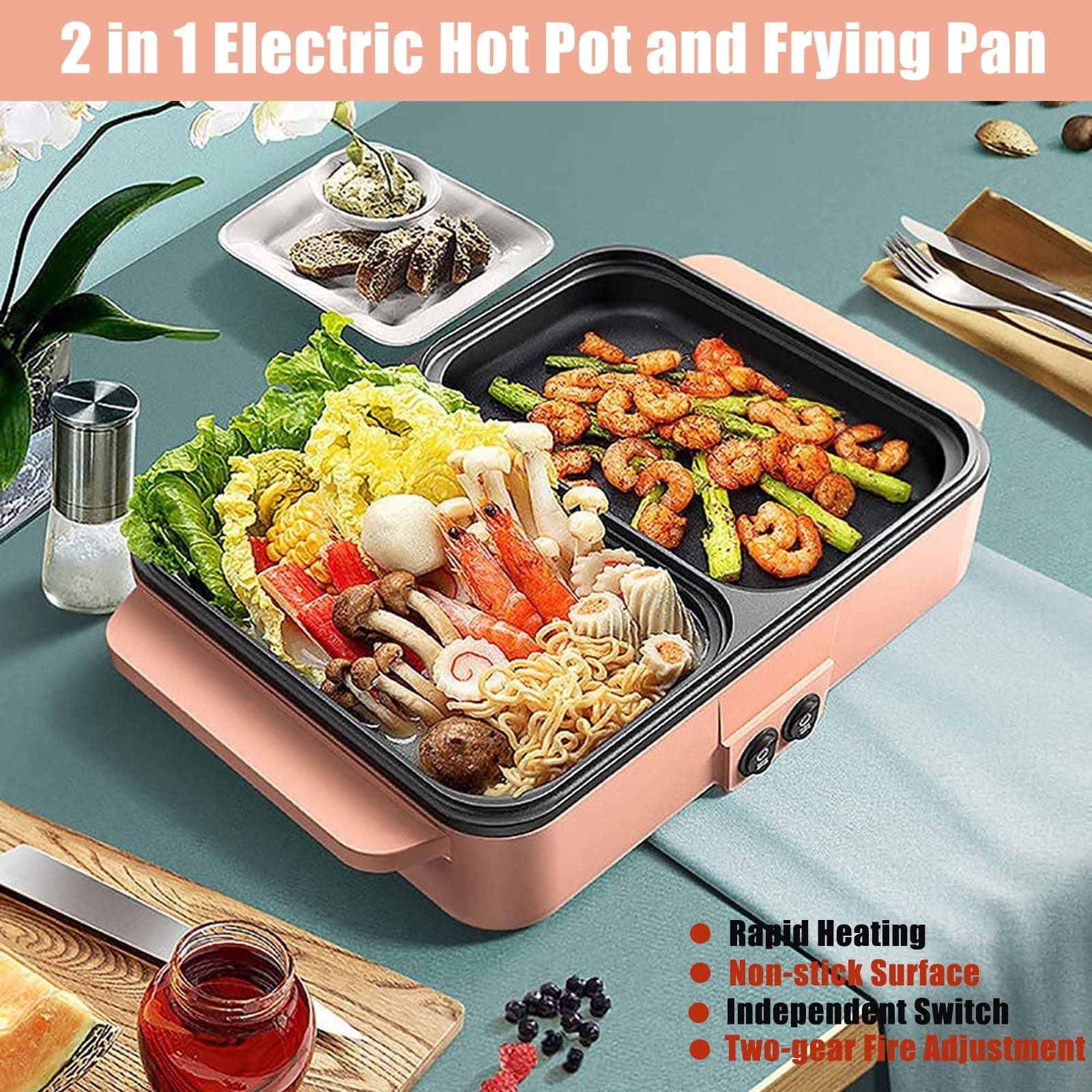 Portable Mini Hot Pot ,2 in 1 Electric Hot Pot BBQ with Grill,Non-Stick Hot Pot and Frying Pan ...
