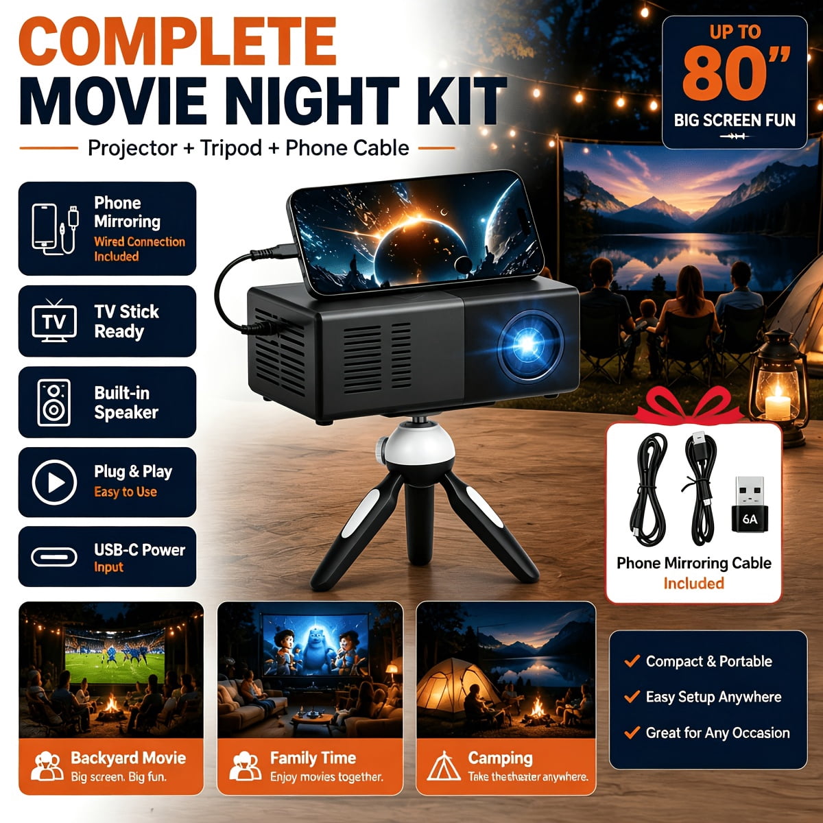 Portable Mini Projector, Phone Screen Mirror Cable & Tripod, Compact ...