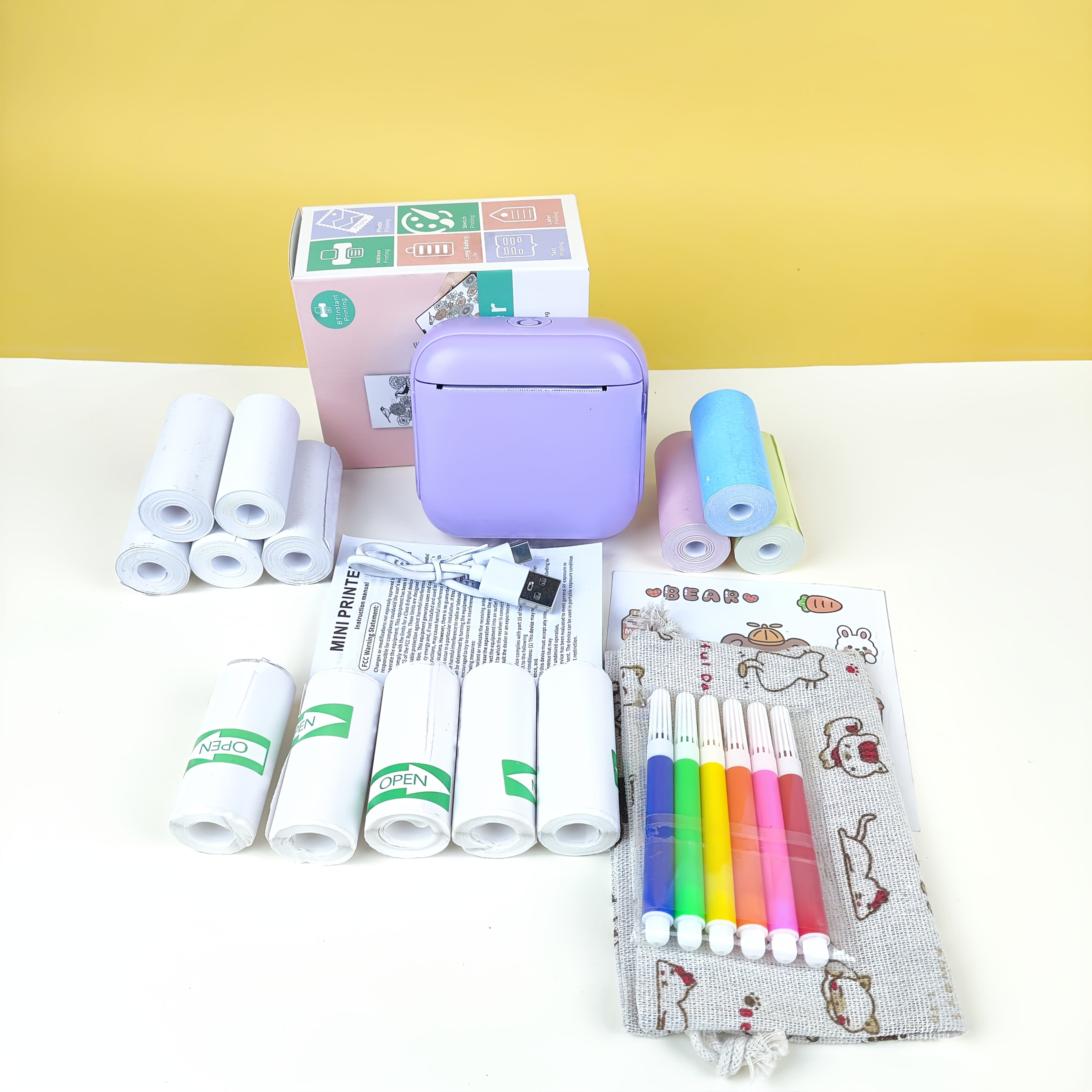 Portable Mini Thermal Printer Set With Multi-Roll Paper, Inkless Label ...