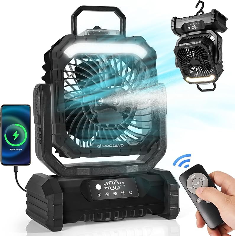Portable Misting Fan with Light, 30000mAh Rechargeable Battery Camping ...