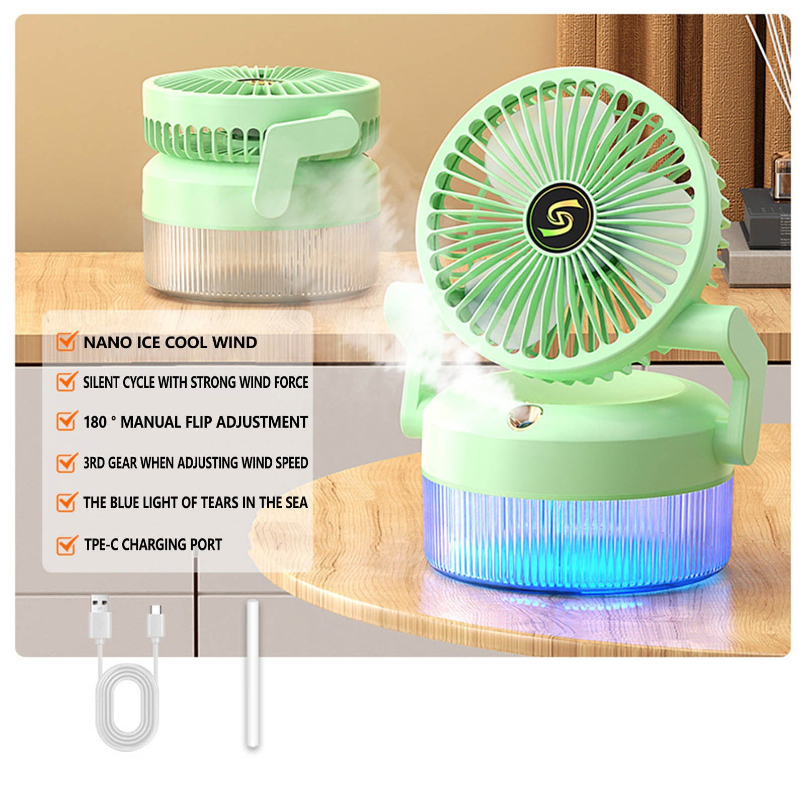 Portable Misting Fan,Type-C Rechargeable Battery Operated Fan with ...