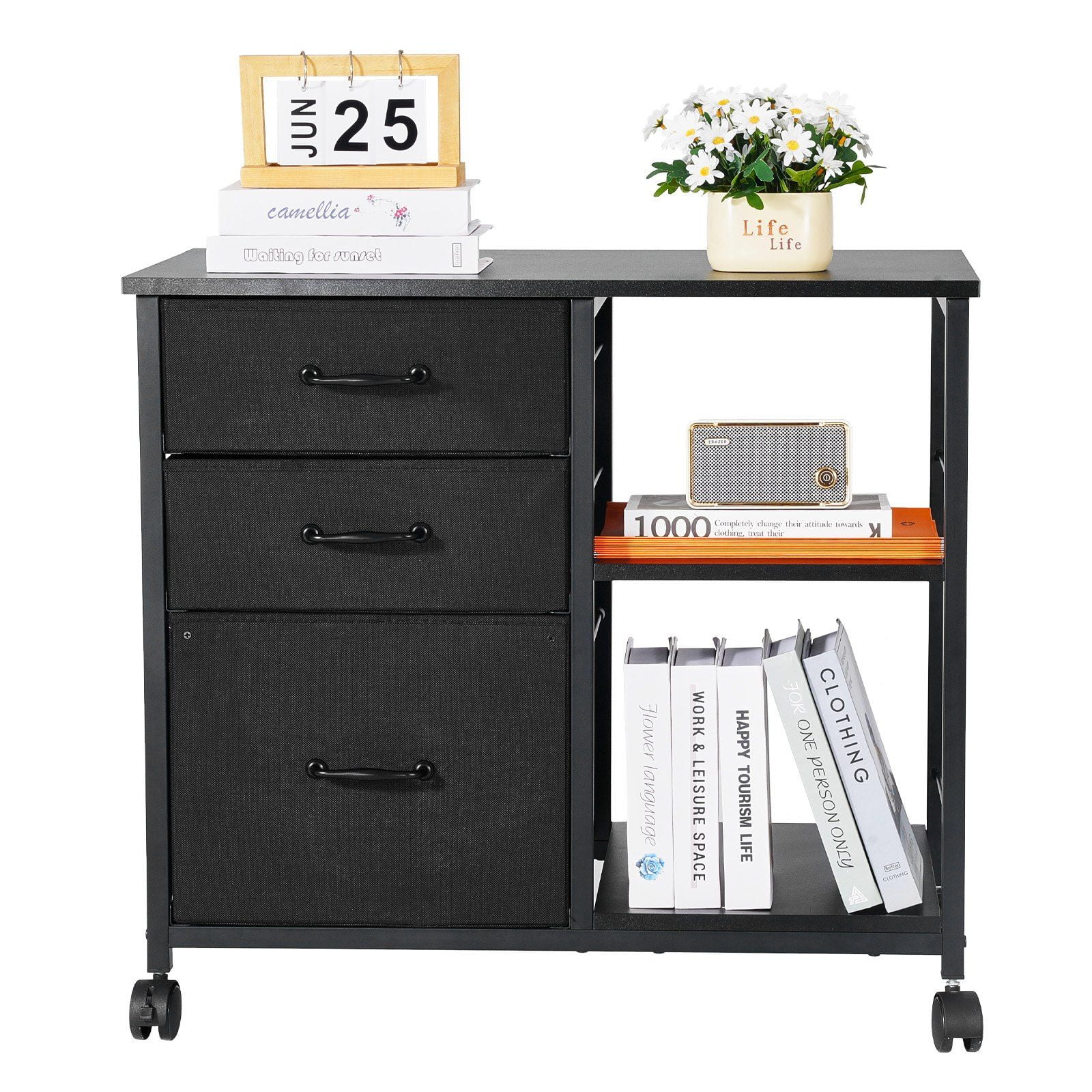 Portable Mobile Metal File Cabinet with 3 Fabric Drawer Organizers & 2 ...