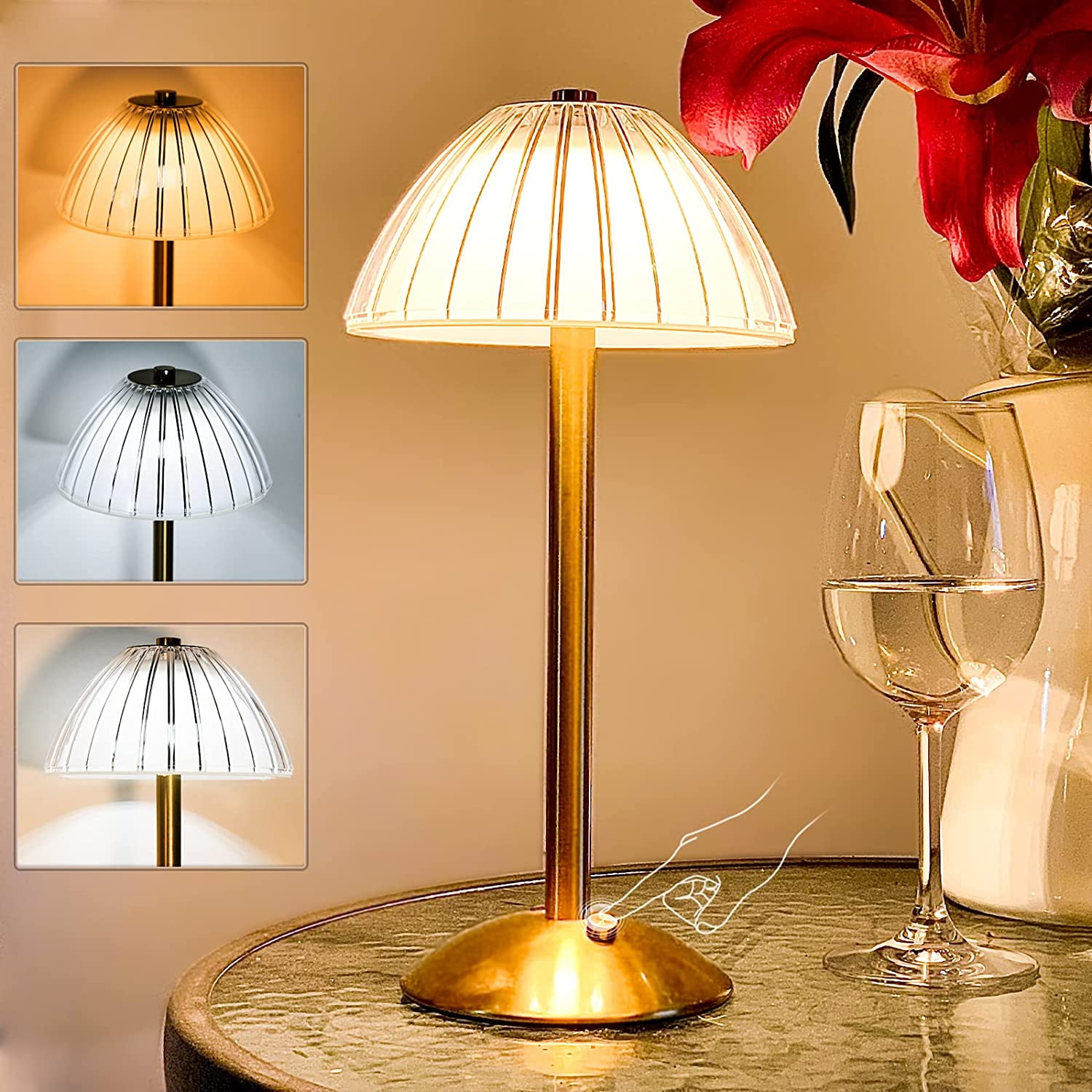 Portable Mushroom LED Table Lamp with Touch Sensor - 3 Color Dimmable ...