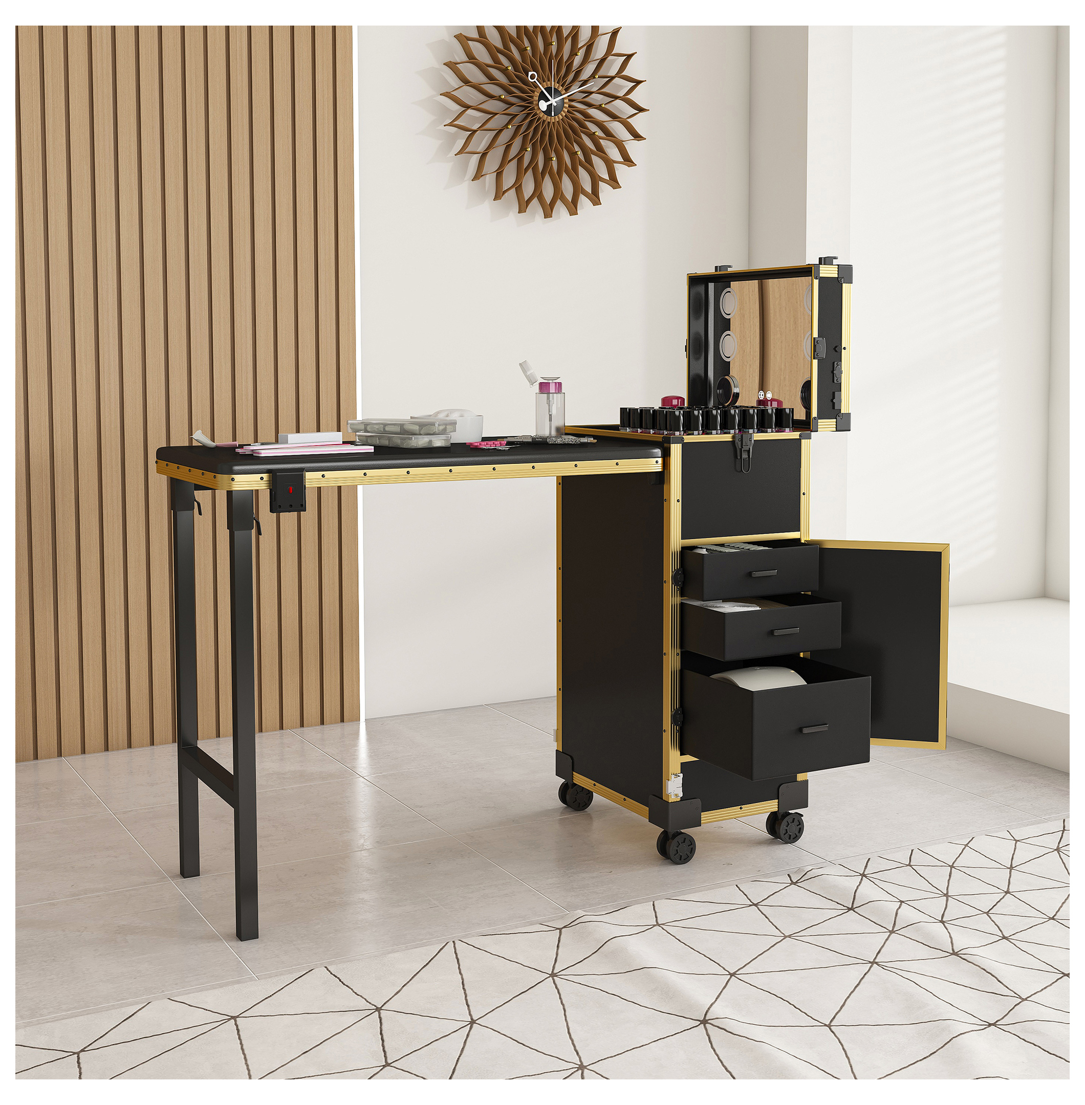 Portable Nail Art Table w/ LED Mirror, Bluetooth, Lockable Drawers ...