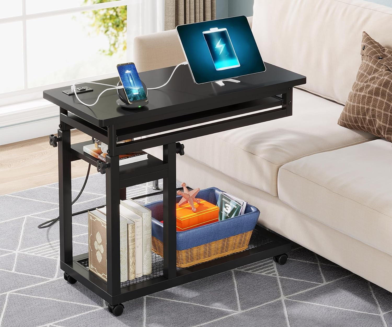 Portable Office Desk with Power Socket, Adjustable Height, Wheels ...