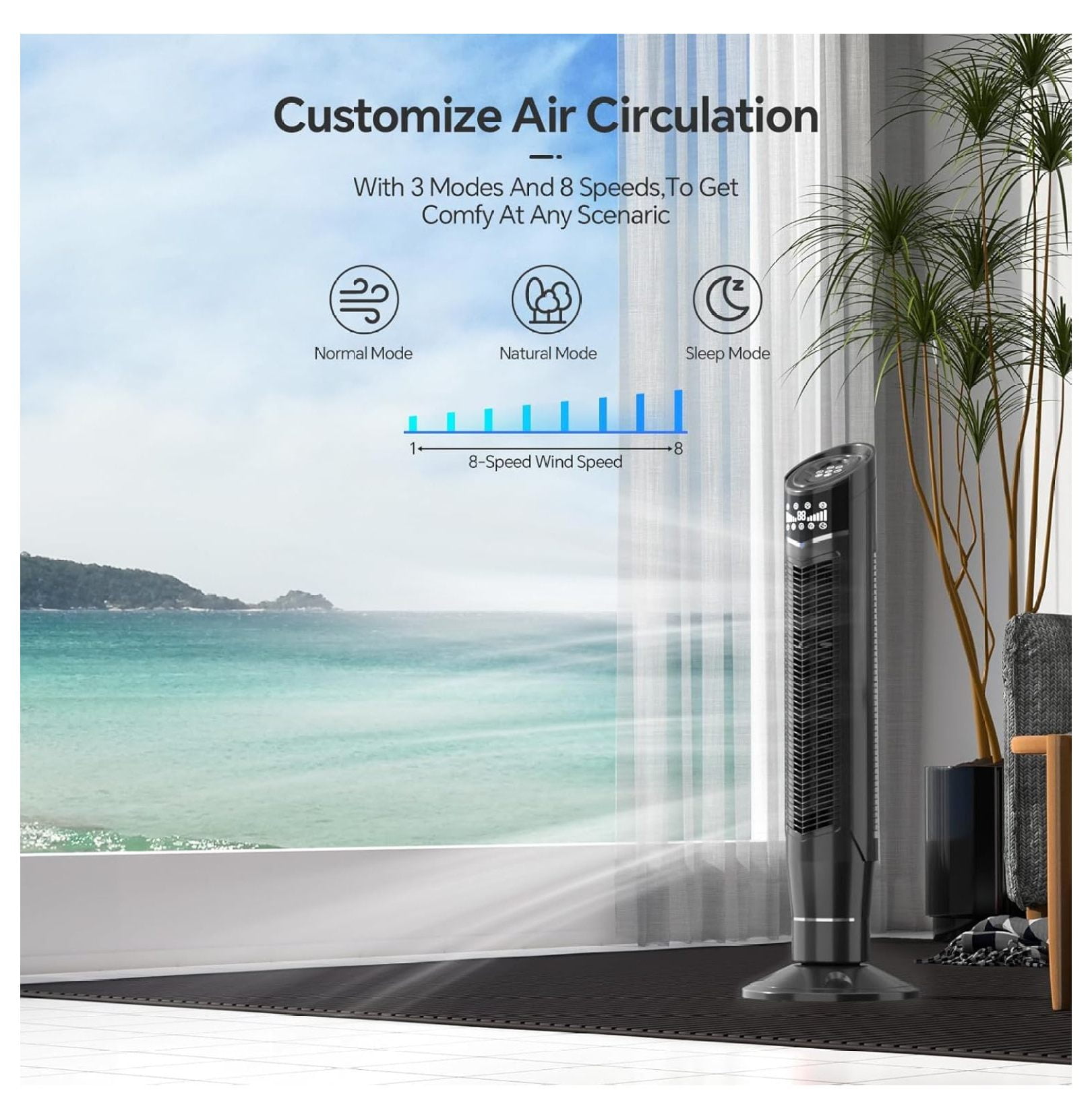 Portable Oscillating Quiet Tower Fan with Control,3 Modes and 8 Wind ...