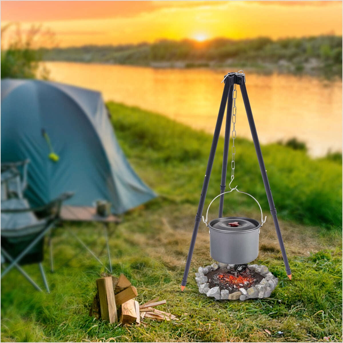 Portable Outdoor Camping Cooking Tripod Grill Grate Hanging Pot Stand ...