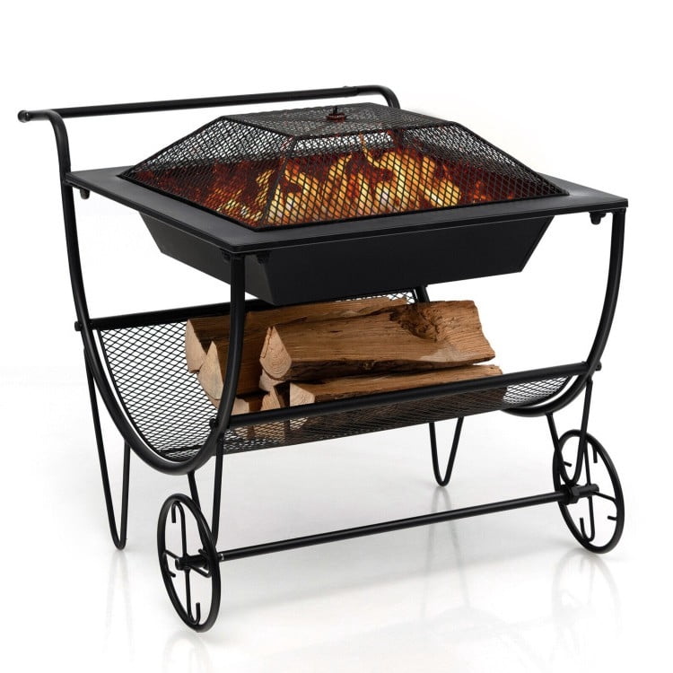 Portable Outdoor Wheeled Log Storage Rack and Wood Burning Fire Pit ...