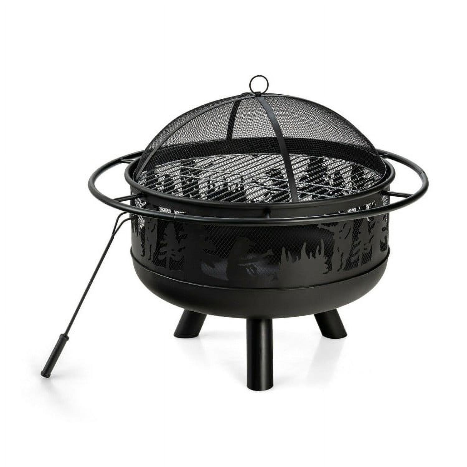 Portable Patio Screened Wood Burning Fire Pit Cooking Grill with Poker ...