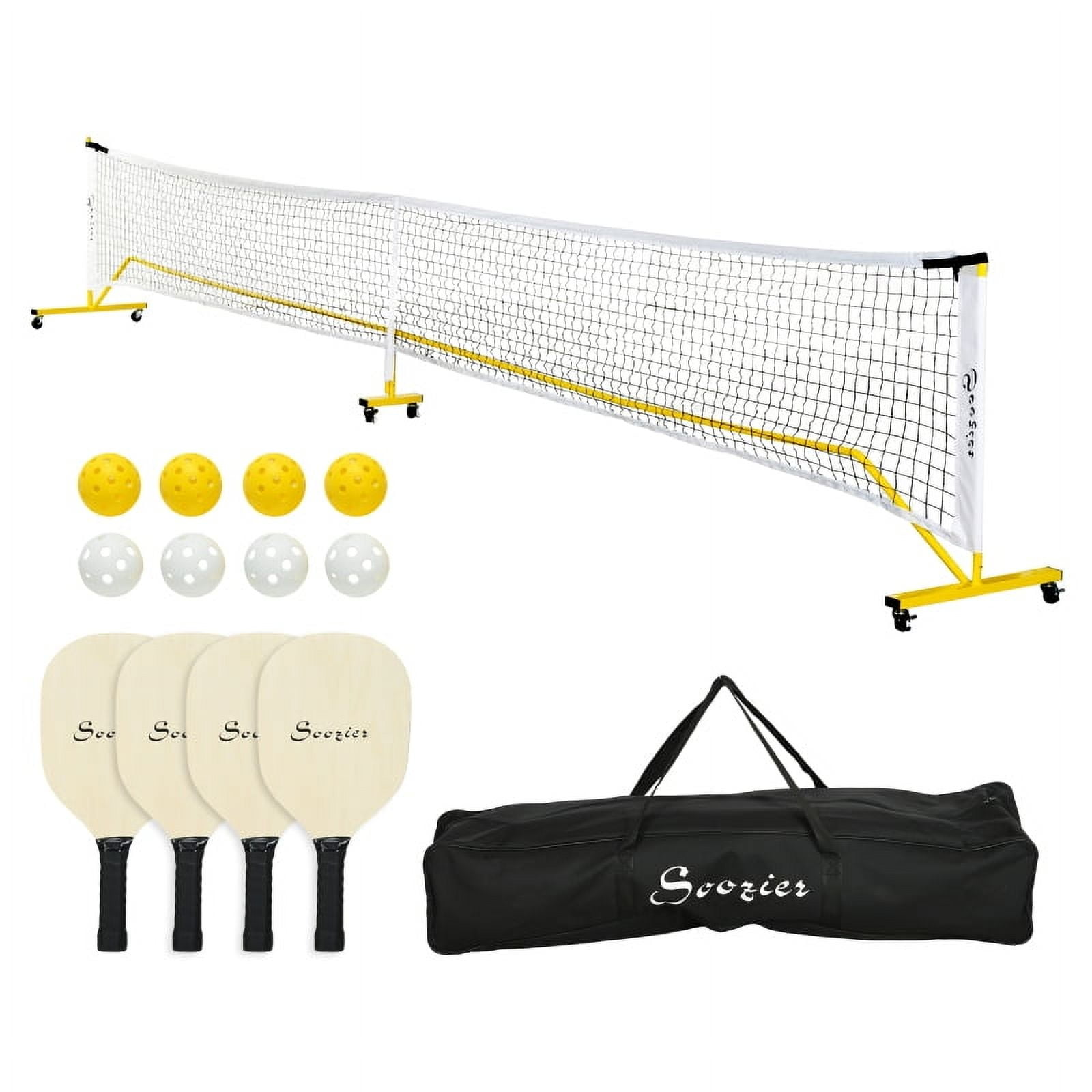 Portable Pickleball Set - 22FT Net with Wheels, 4 Paddles & 8 Balls ...