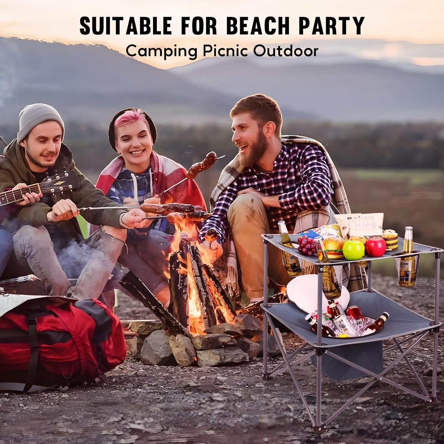 Portable Picnic Camping Table with Cooler, Folding Beach Table with 4 ...